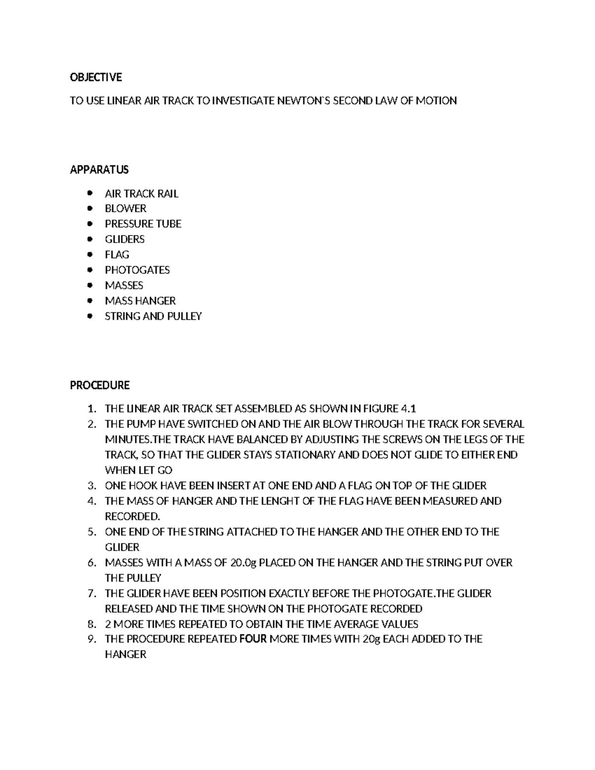 Experiment 4 phy - OBJECTIVE TO USE LINEAR AIR TRACK TO INVESTIGATE ...