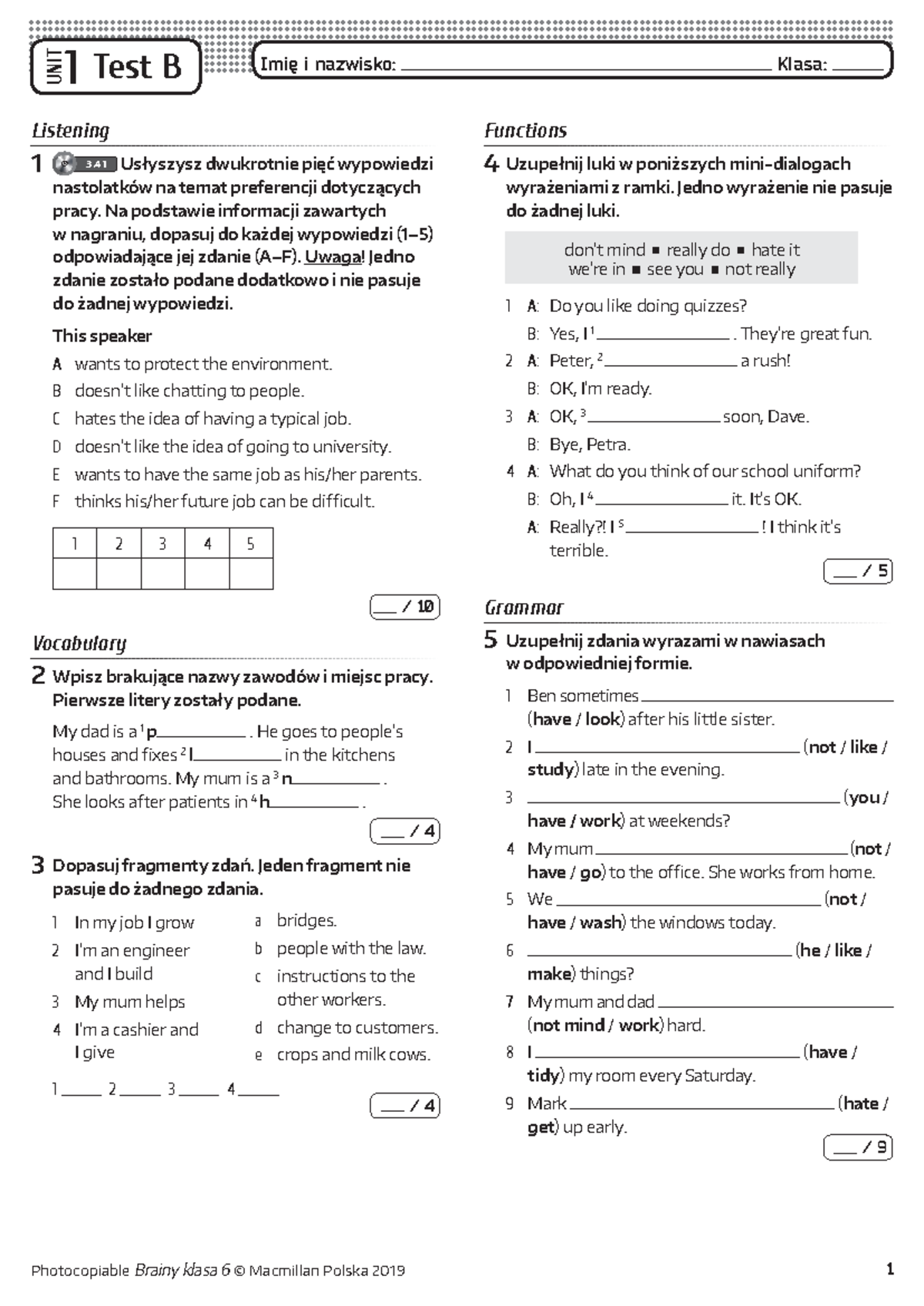 Brainy Klasa 6: Unit Test 1B - Listening, Vocabulary, Grammar Tasks ...