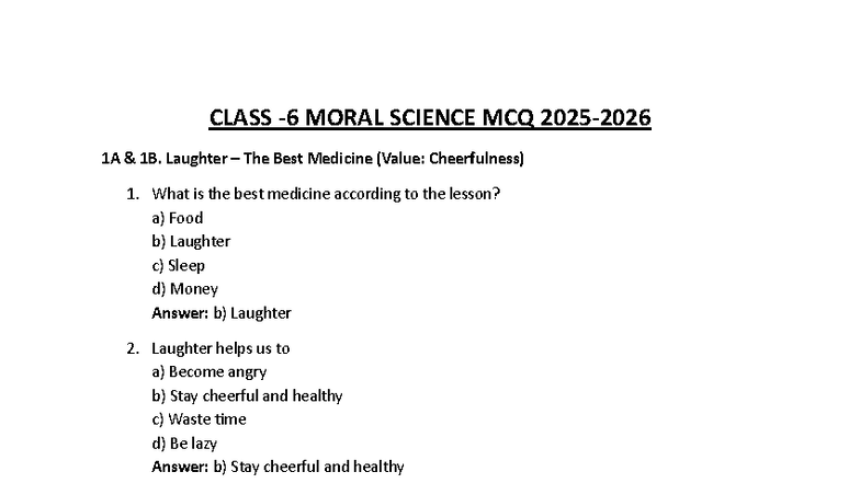 CLASS 6 MORAL SCIENCE MCQ 1A 1B - Laughter, Confidence, Courage ...