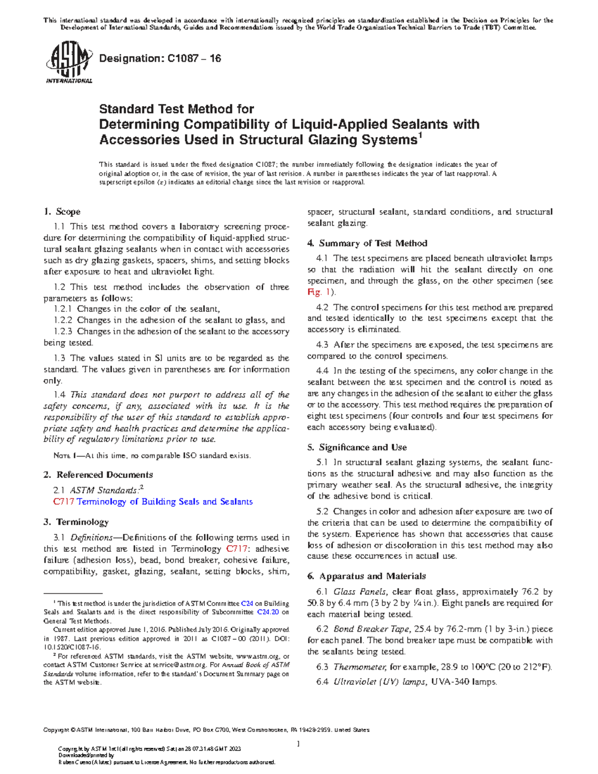 ASTM C1087-16 standard test method for sealant compatibility in glazing ...