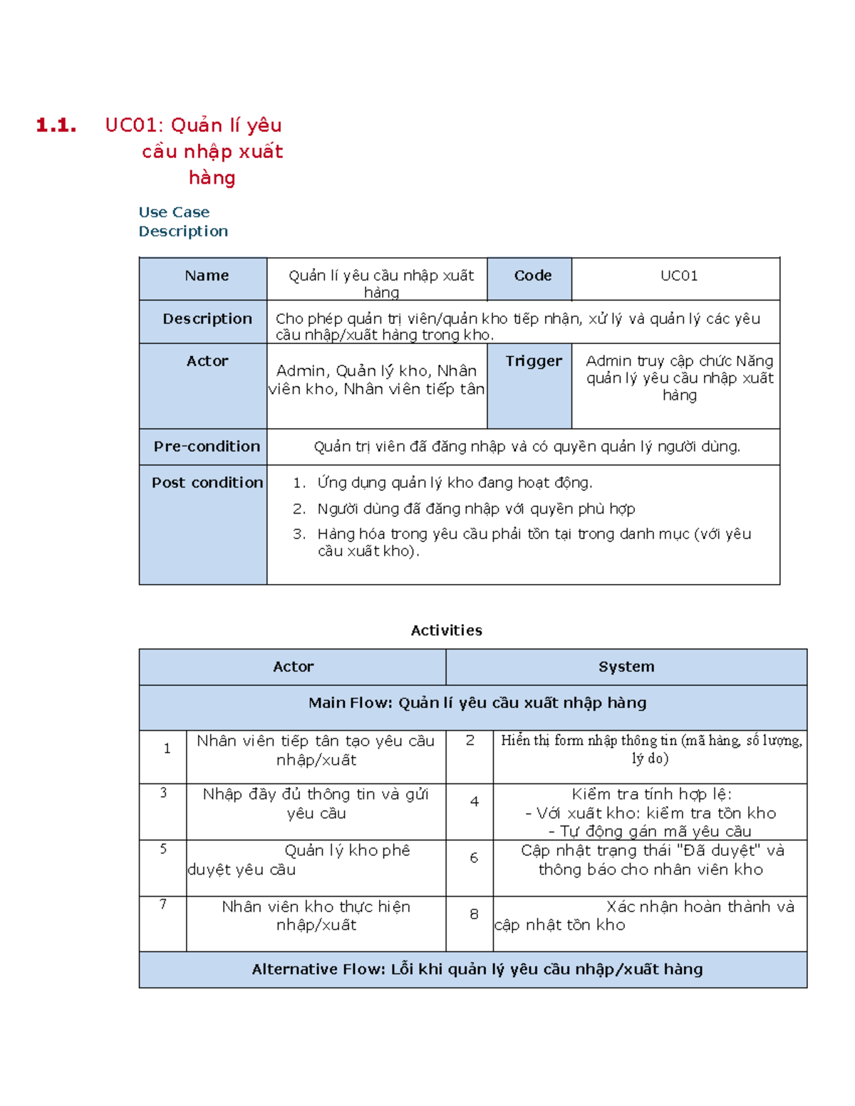 UC01: Quản Lý Yêu Cầu Nhập Xuất Hàng - Use Case Mô Tả - Studocu