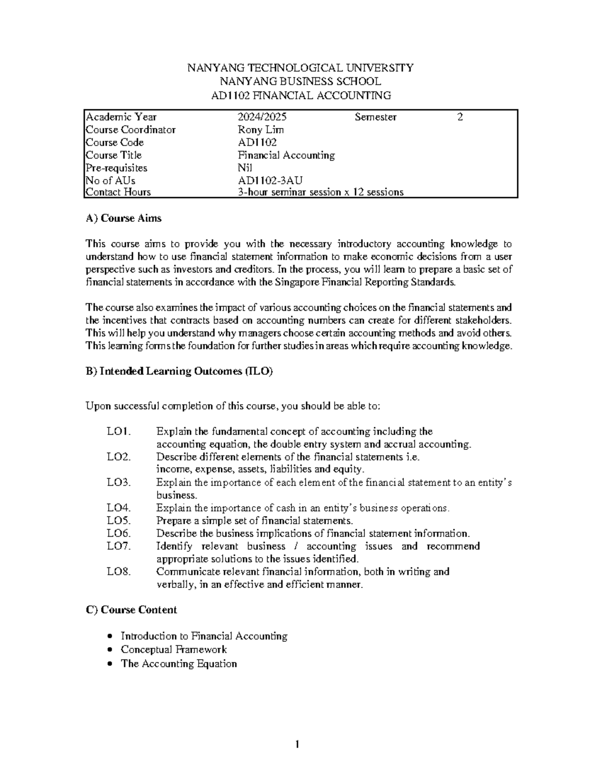 AD1102 Financial Accounting Course Outline AY 2024/25 Semester 2 - Studocu
