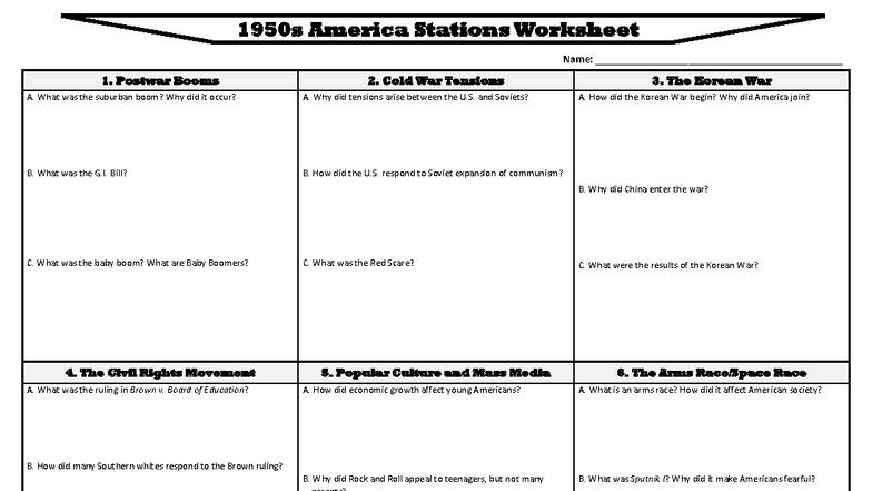 1950s America Stations Activity Worksheet: Postwar to Civil Rights ...
