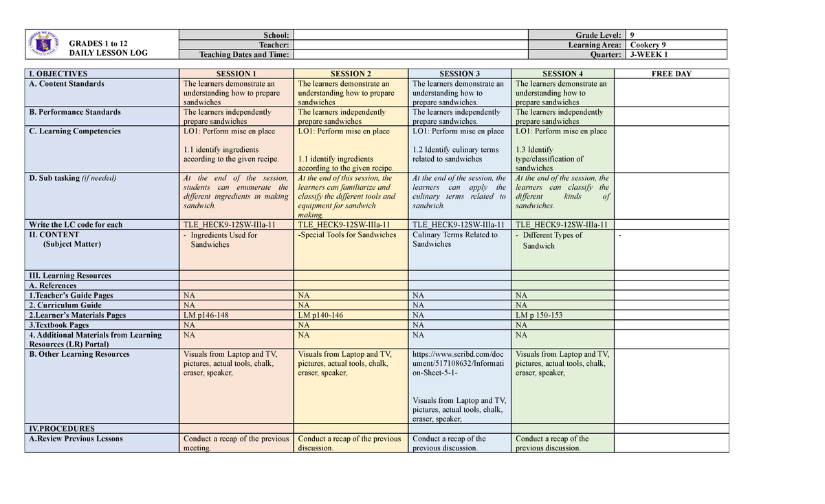 Cookery-9-DLL- Daily Lesson Log for Third Quarter Sessions - Studocu