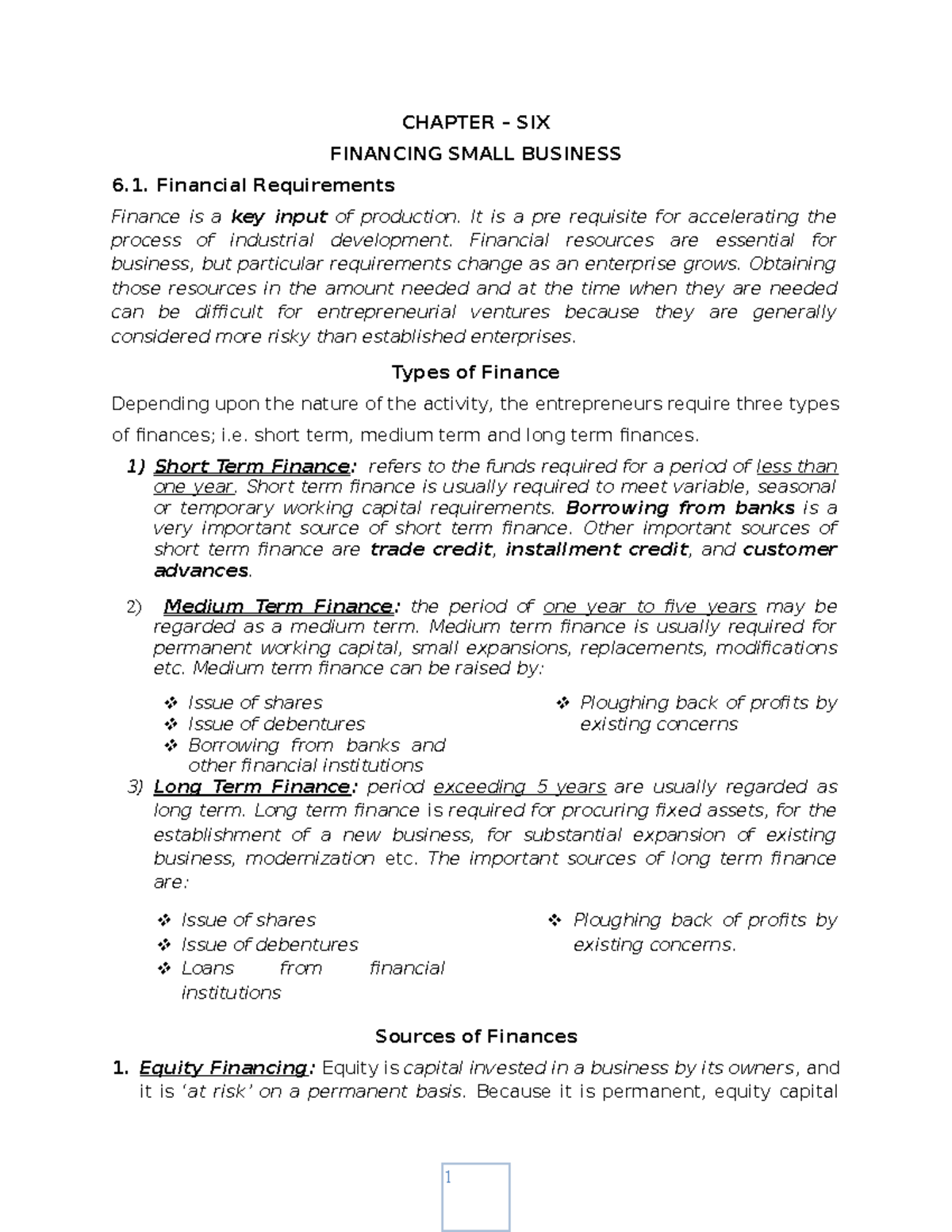 CH-6 - Chapter six lecture notes - CHAPTER – SIX FINANCING SMALL ...
