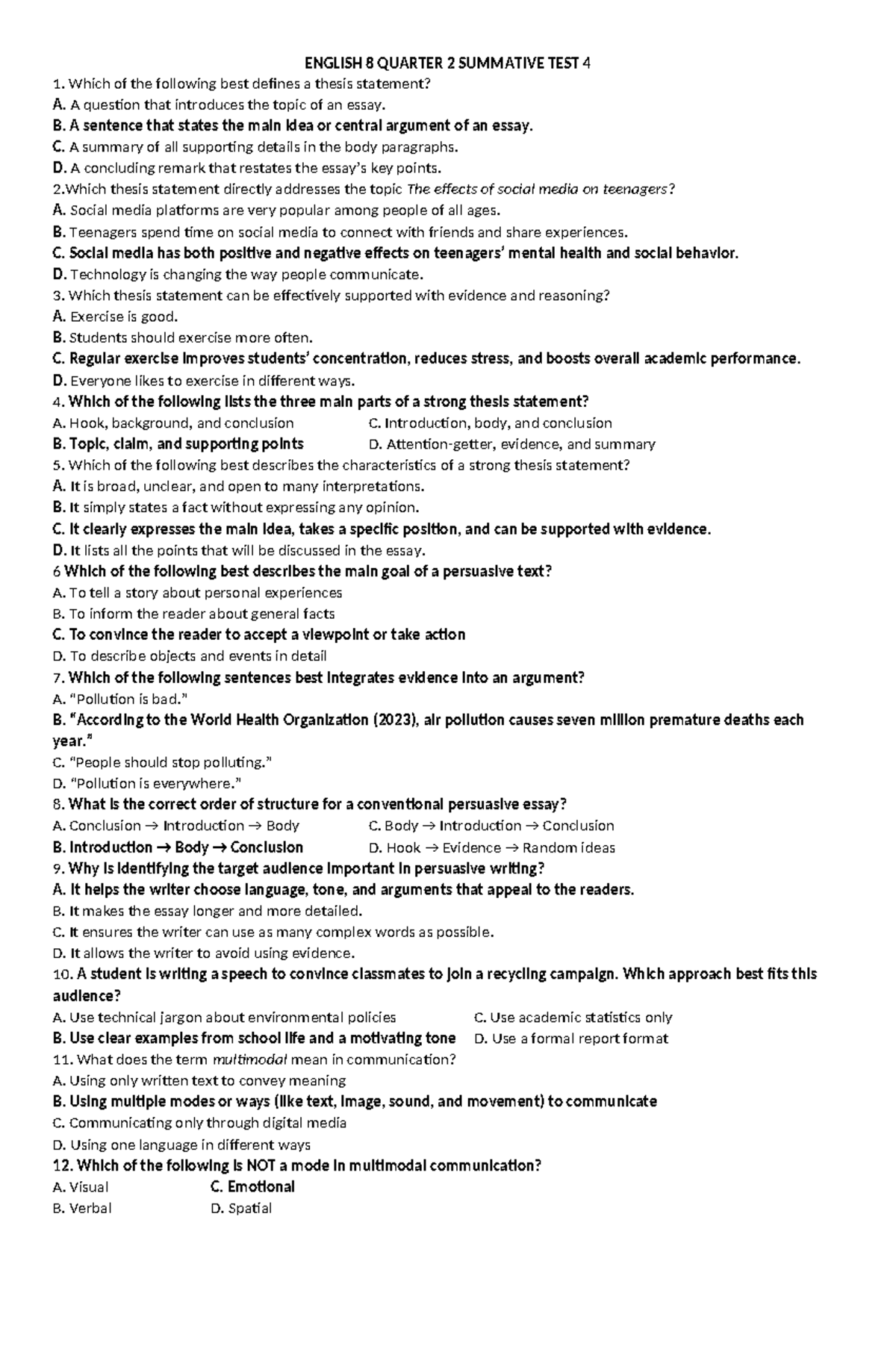 ENGLISH 8 QUARTER 2 SUMMATIVE TEST 4: THESIS STATEMENTS & PERSUASIVE ...