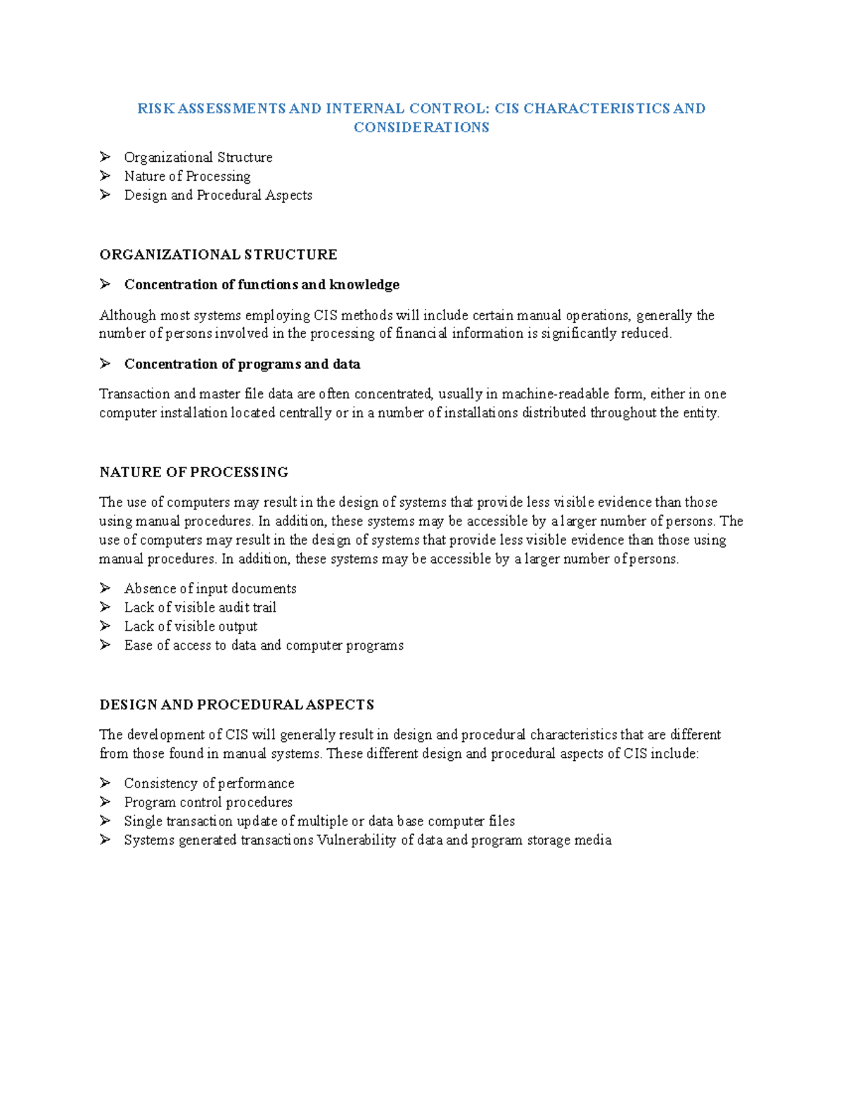 RISK Assessments & Internal Control: CIS Characteristics Overview - Studocu