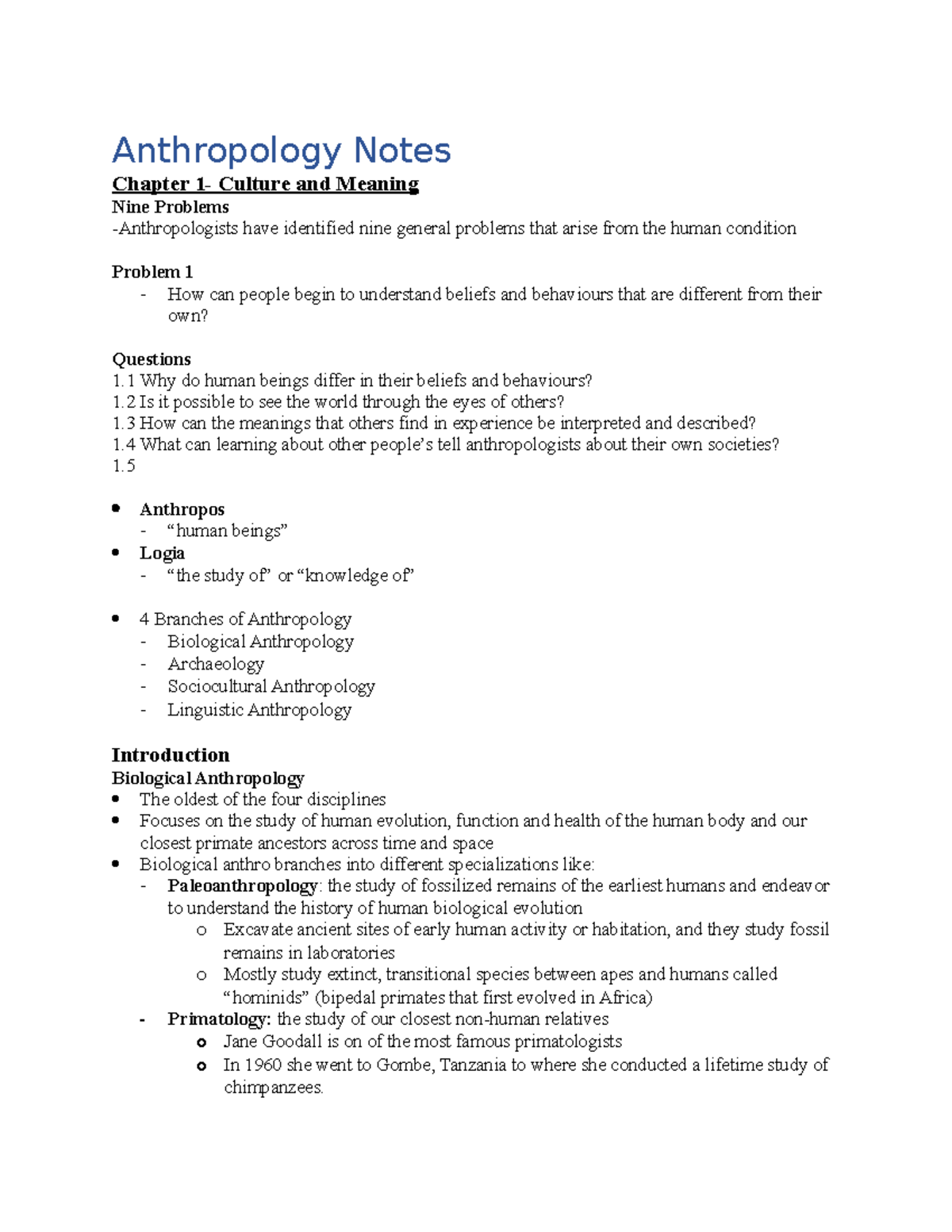 Anthropology notes - Anthropology Notes Chapter 1- Culture and Meaning ...