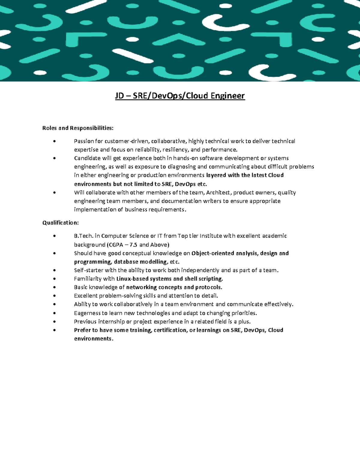 Job Description - SRE Fresher - JD – SRE/DevOps/Cloud Engineer Roles ...