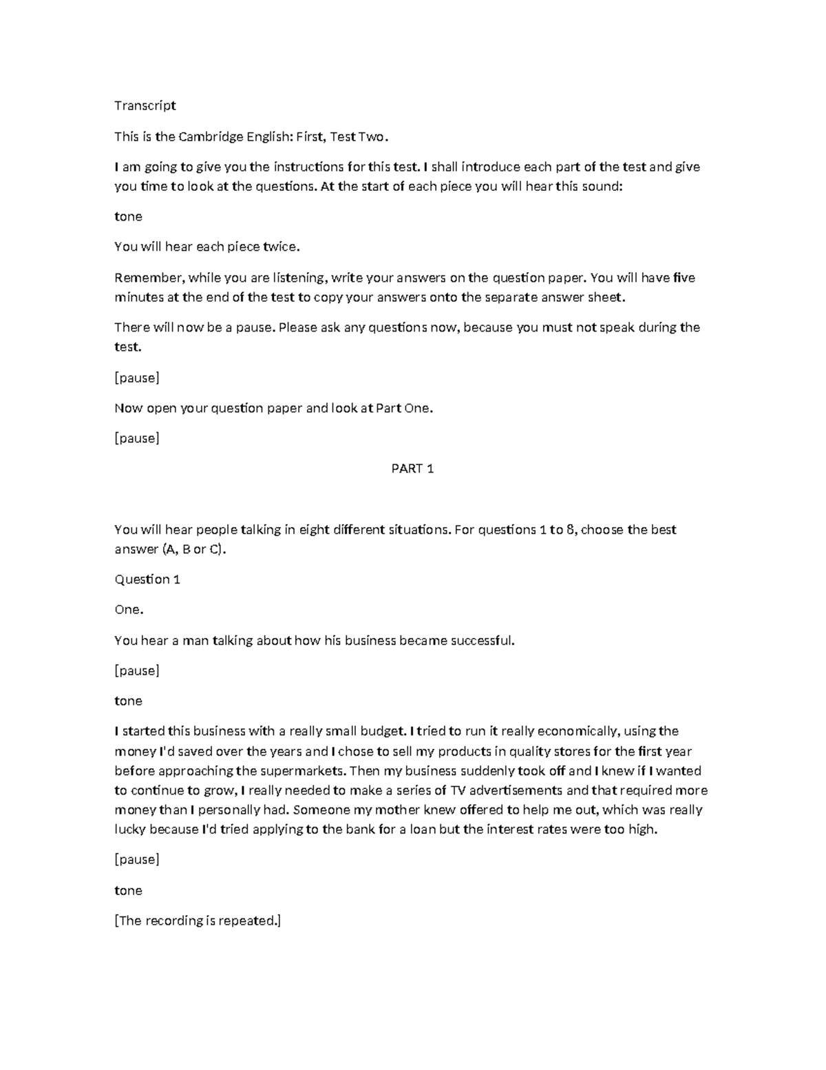 Cambridge English: First test two transcript and instructions - Studocu