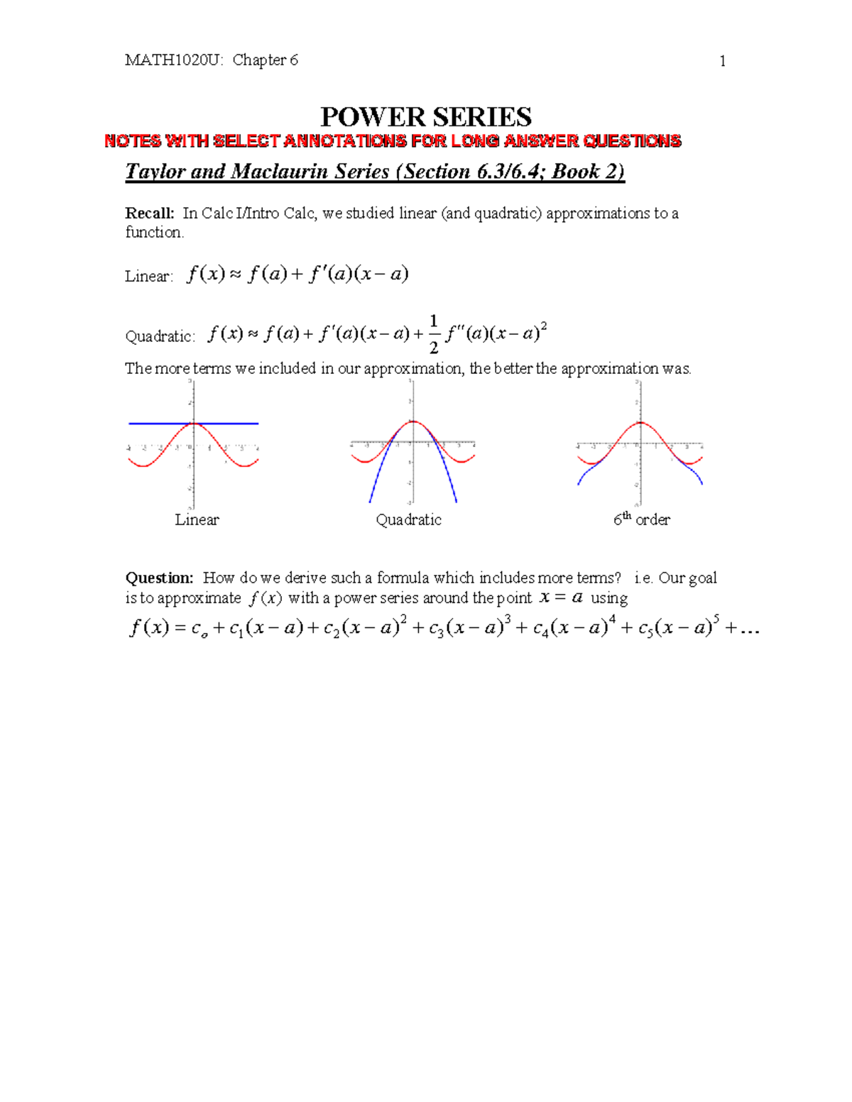 MATH1020U: Chapter 6 Power Series - Taylor & Maclaurin Series Notes ...