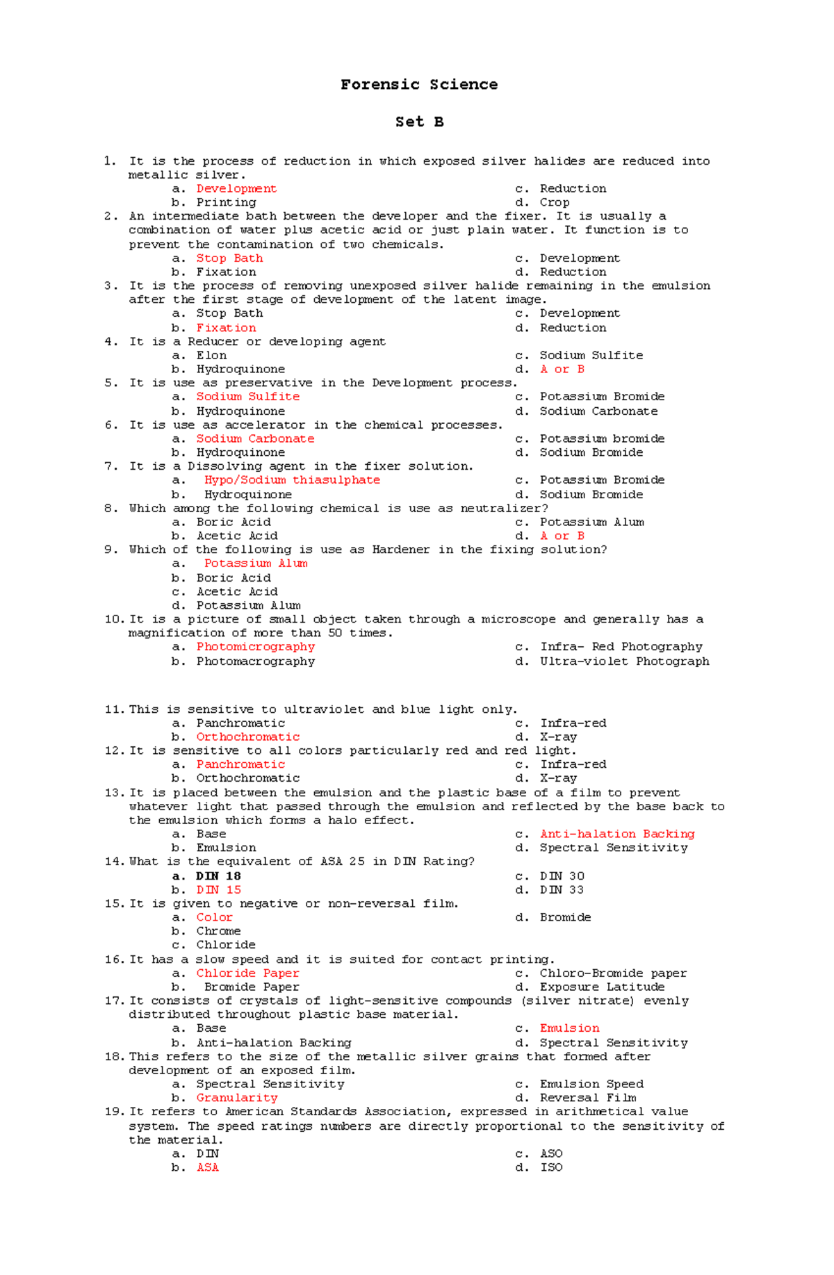 Forensic Science Set B Review Questions - GGWP - Studocu