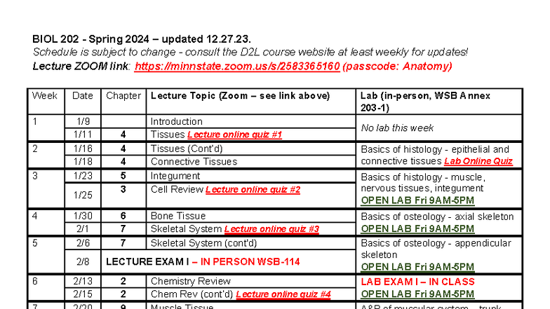 BIOL 202 Spring 2024 Lecture & Lab Schedule Overview - Studocu