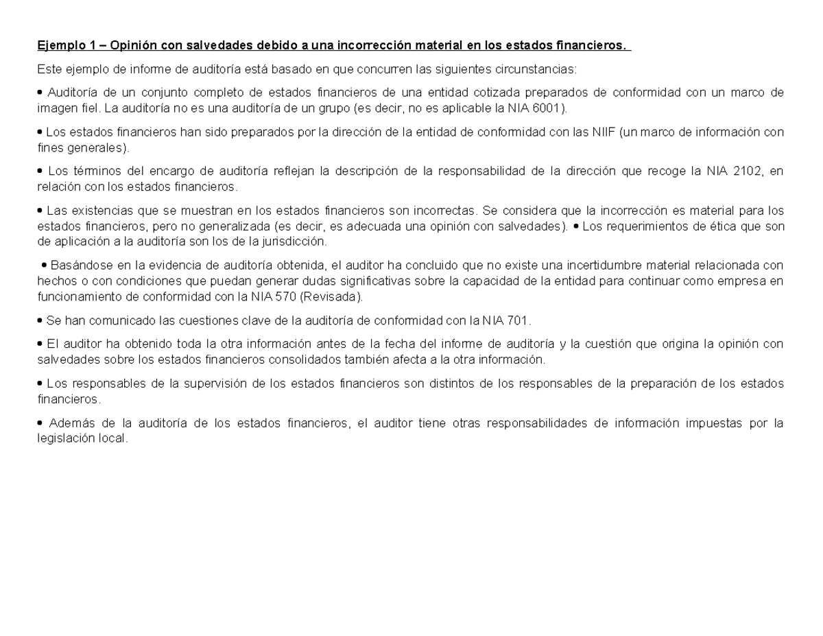 Ejemplo de Informe de Auditoría: Opinión con Salvedades según NIA 705 - Studocu