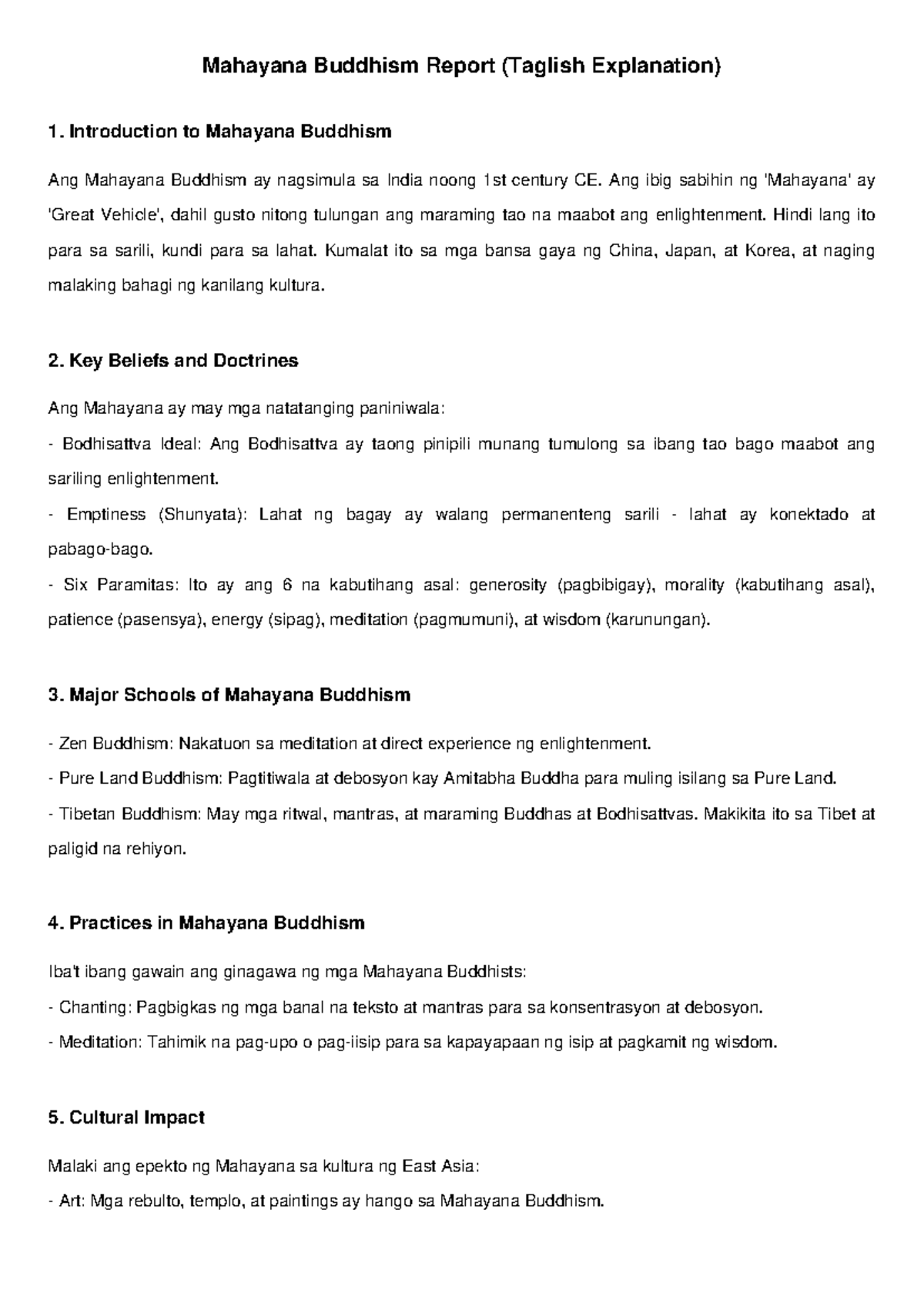 Mahayana Buddhism Report (Taglish) - Key Beliefs & Cultural Impact ...