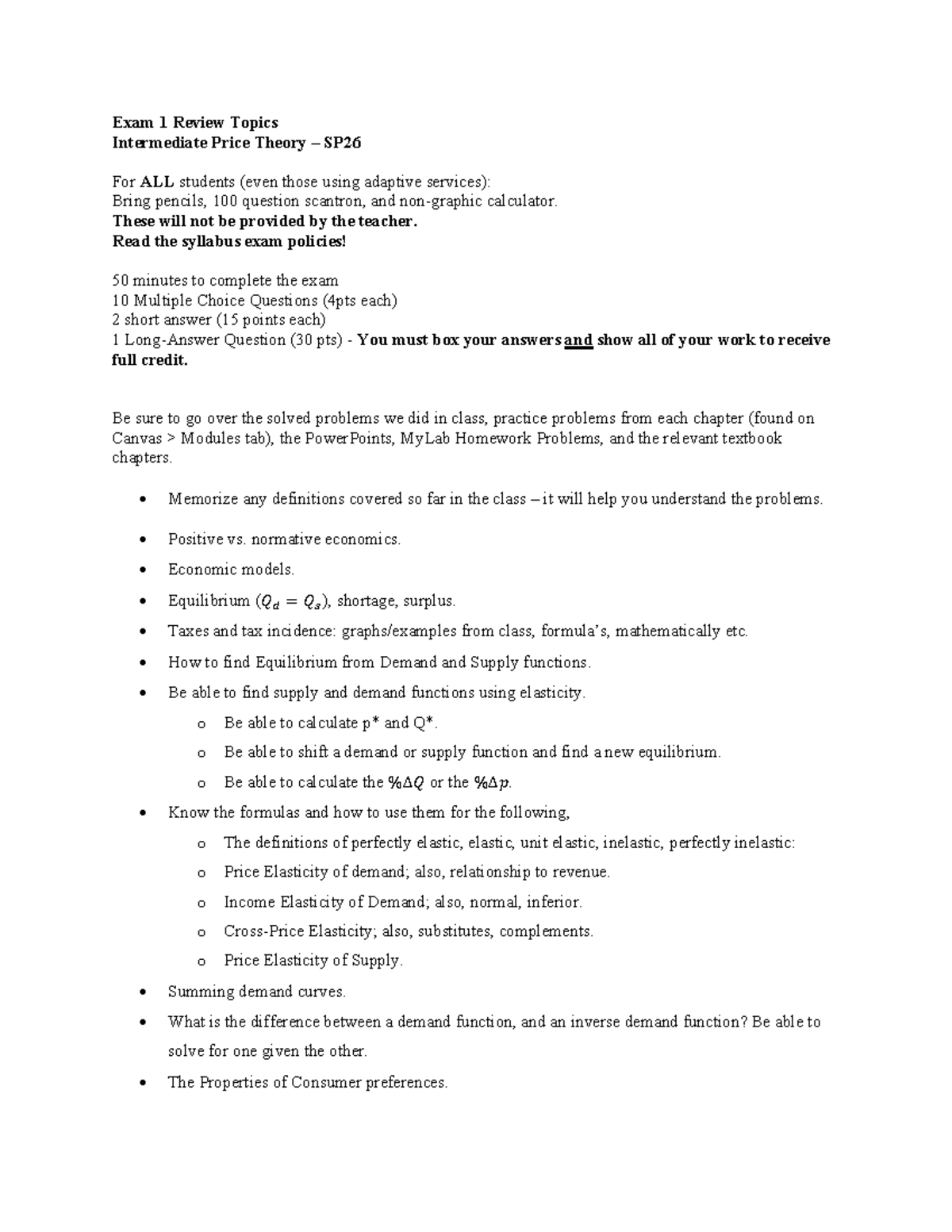 Exam 1 Review Topics - Intermediate Price Theory SP26 - Studocu