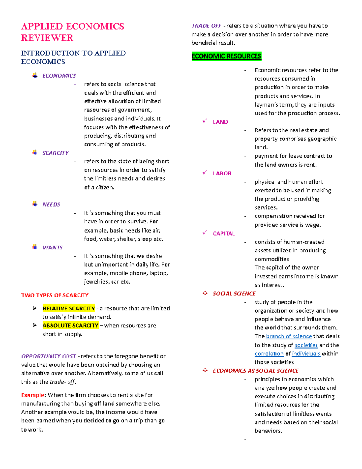 Applied Economics: Comprehensive Reviewer for Course ECO101 - Studocu