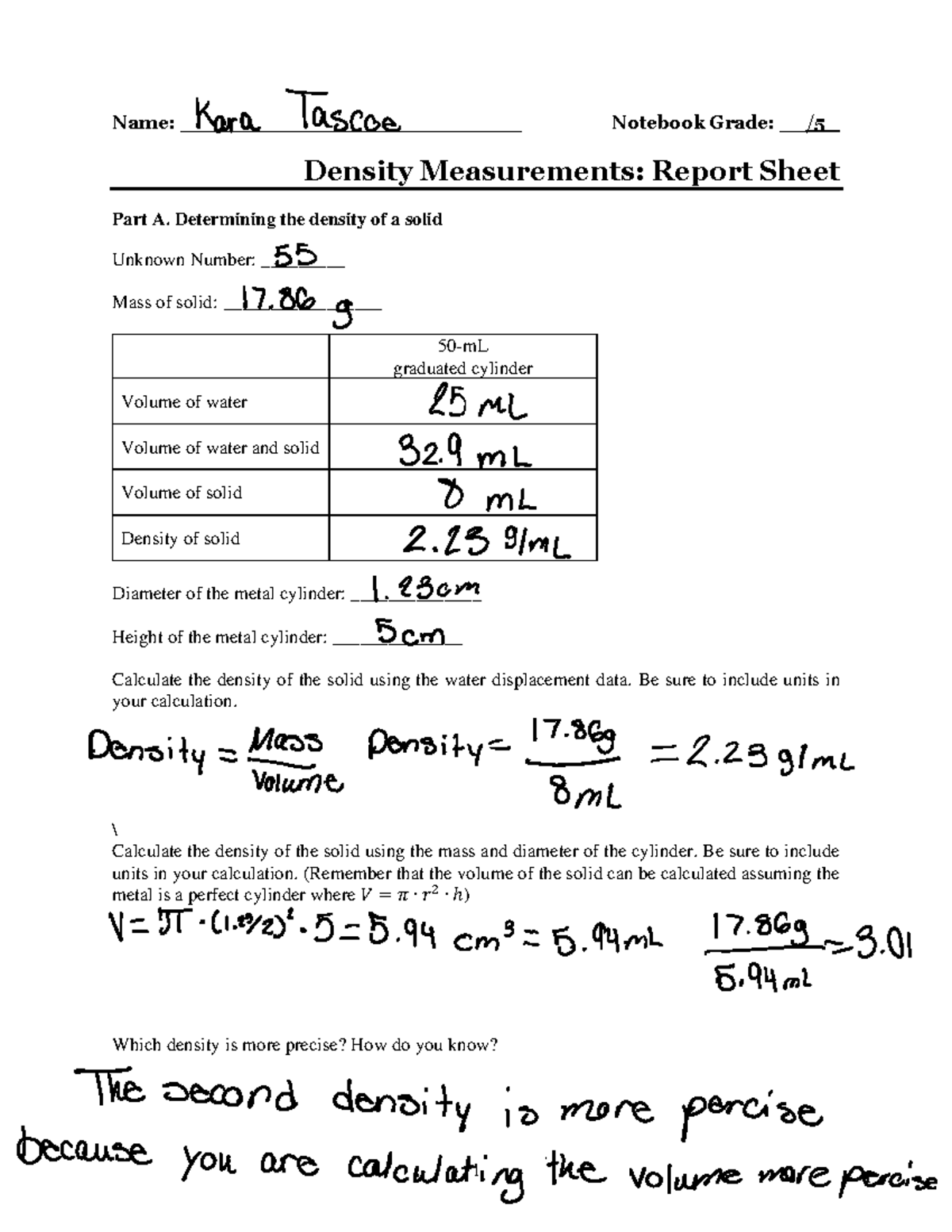 Density Experiment Report Pages - Name ...