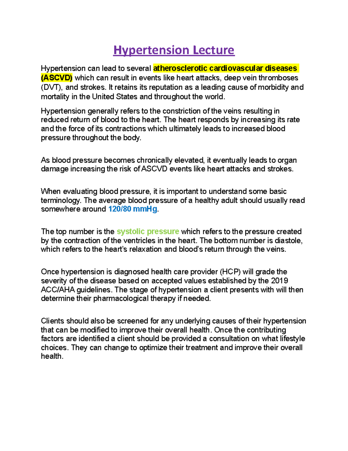 Hypertension Lecture Notes (MED 101): Understanding Causes & Treatments ...