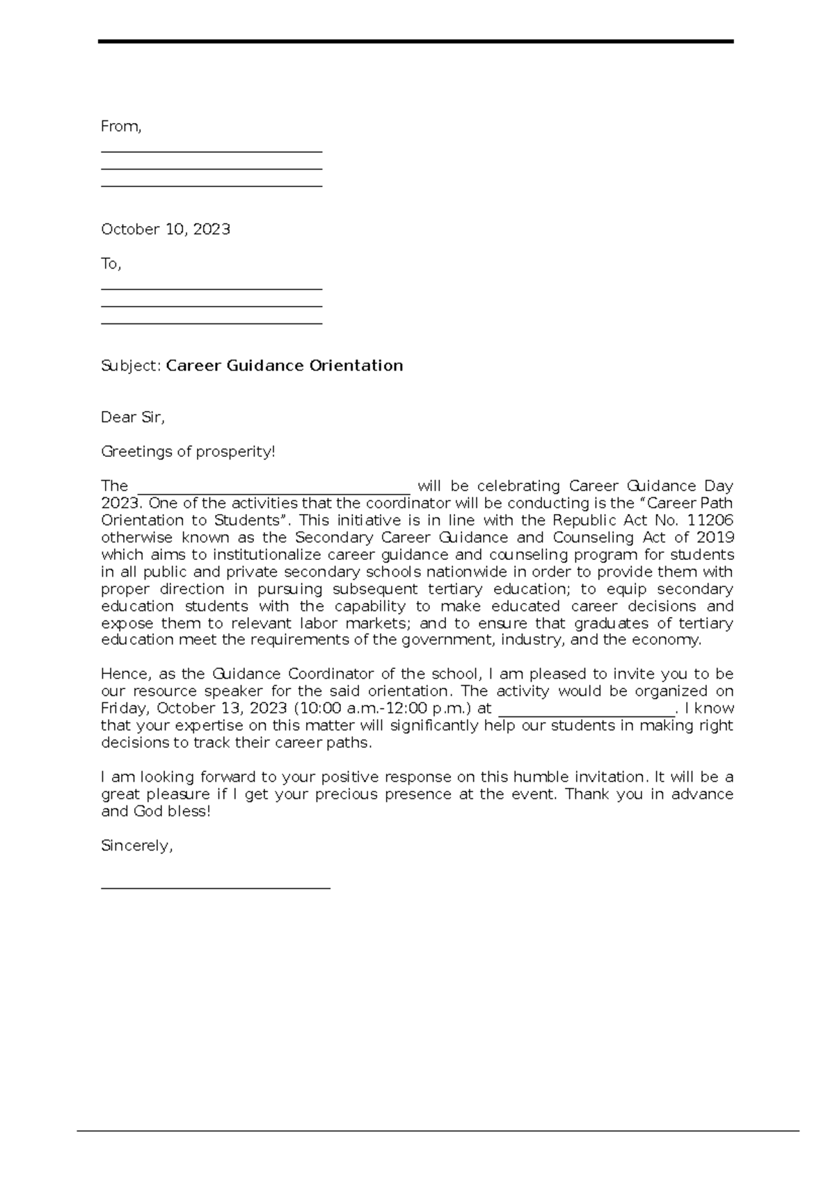 Career Guidance Orientation Invitation Sample Document - Studocu