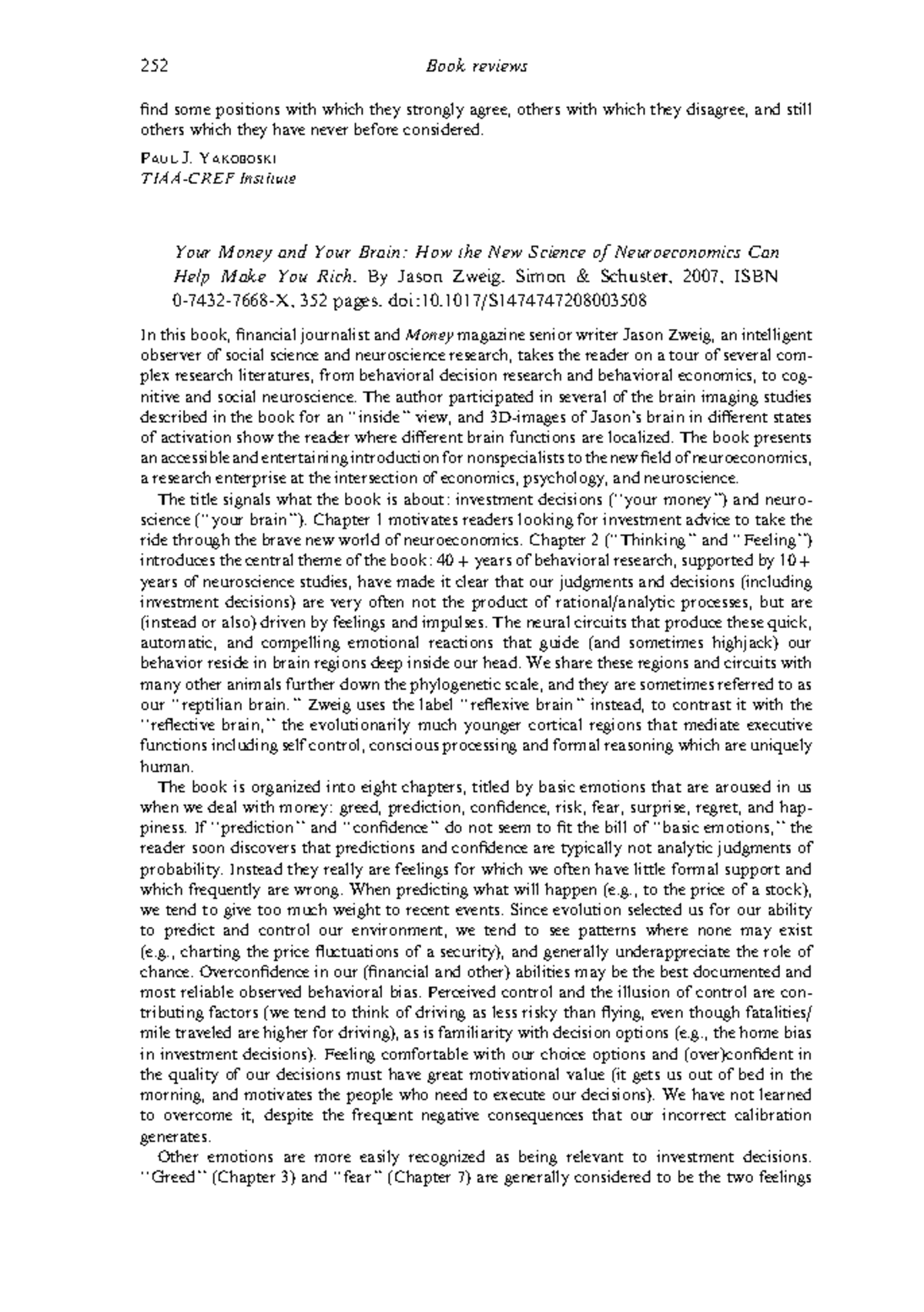 Book Review: Your Money and Your Brain (2009 Journal of Pension ...