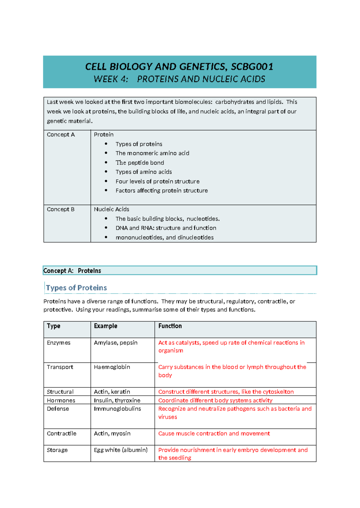 SCBG001 Week 4: Proteins & Nucleic Acids Overview and Key Concepts ...