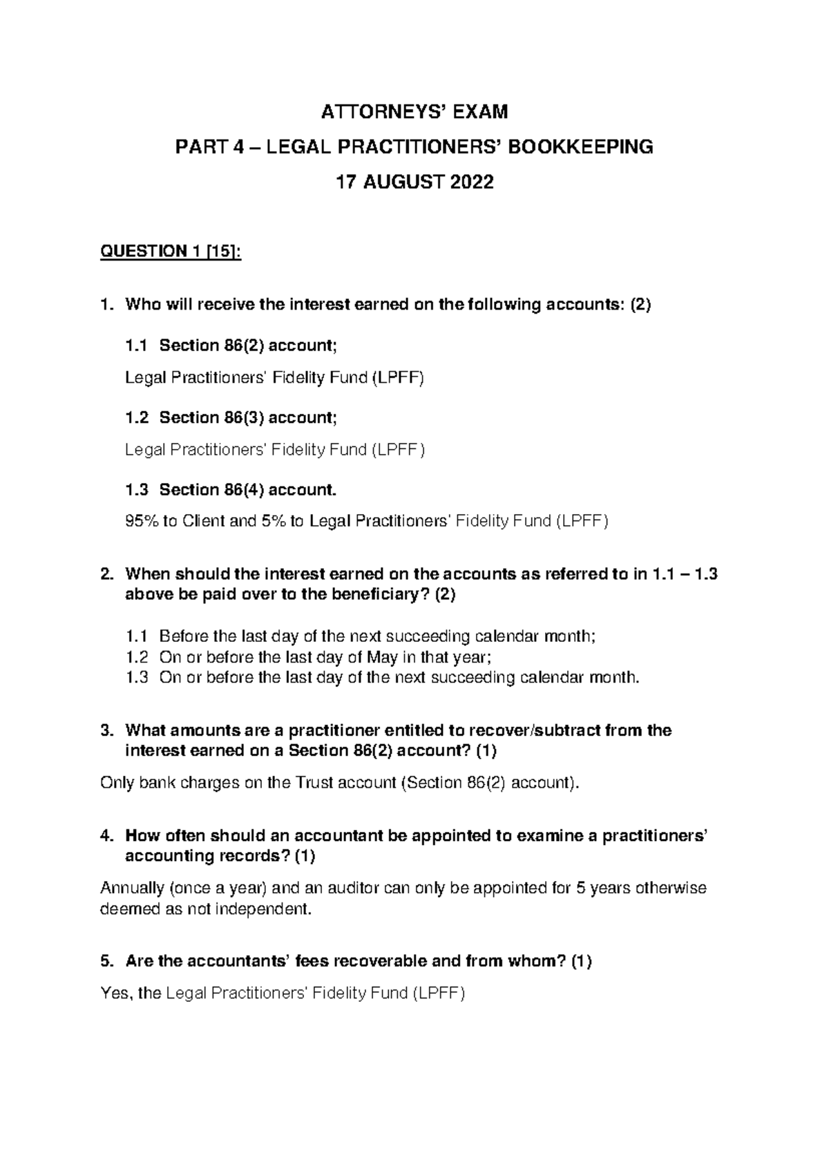 P4 Legal Bookkeeping Exam Answers - August 17, 2022 - Studocu