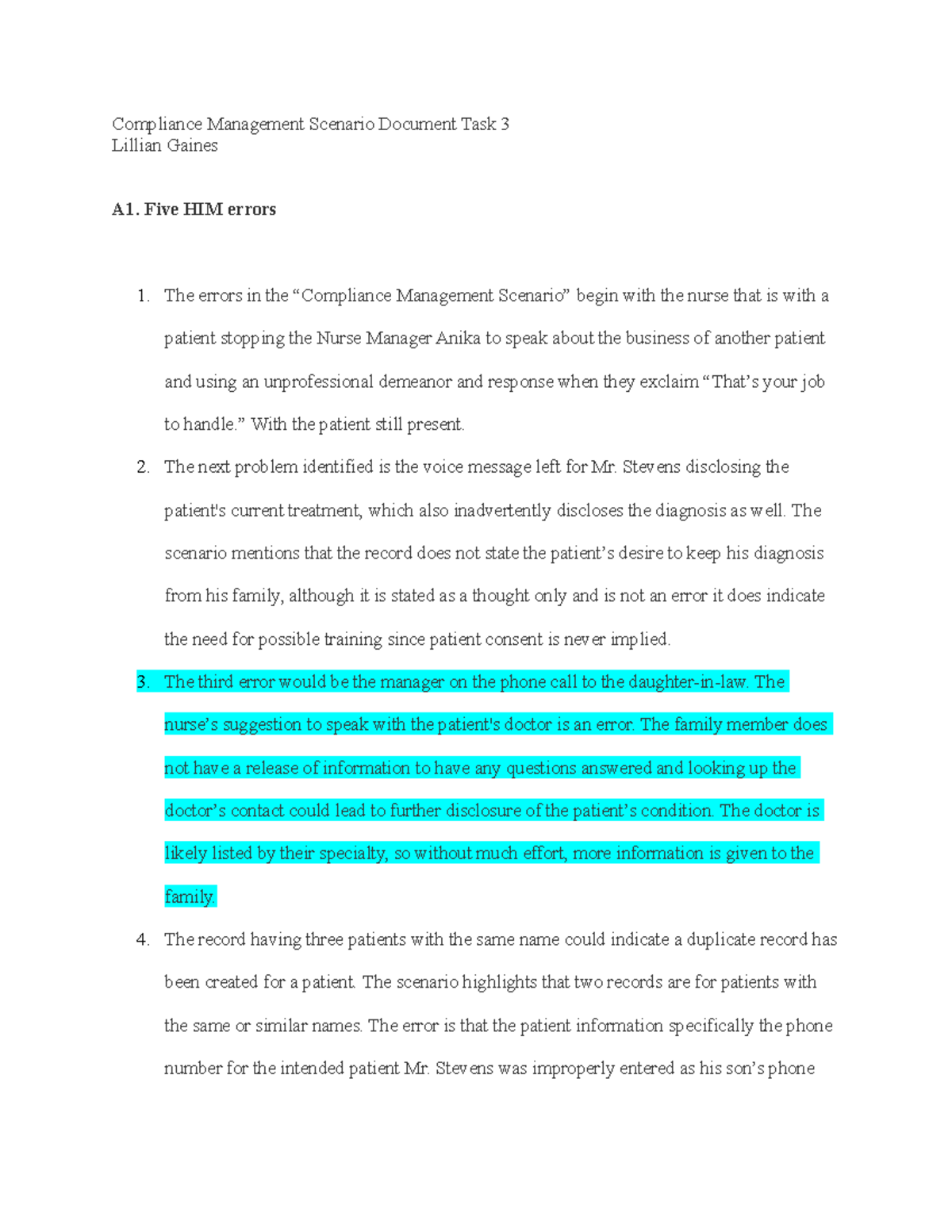 Task Three assessment - Compliance Management Scenario Document Task 3 ...