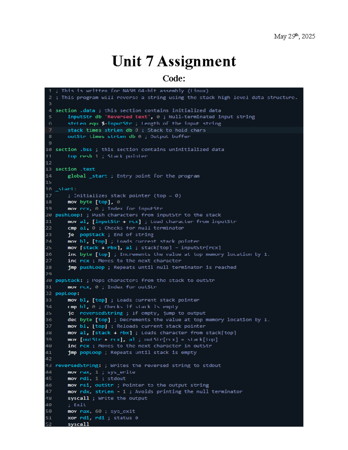 Unit 7 Assignment: NASM Stack Implementation for String Reversal - Studocu