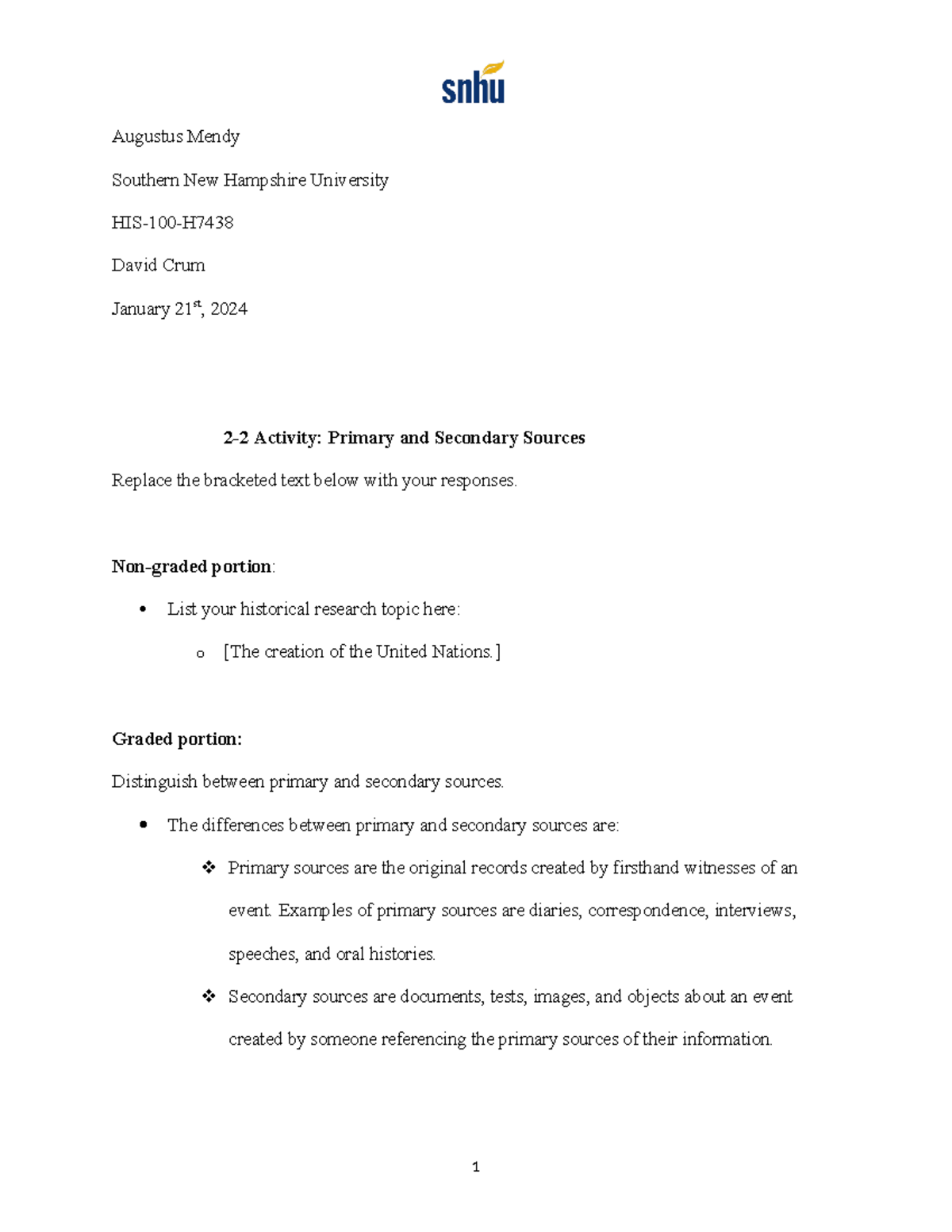2-2 Activity Primary and Secondary Sources - Augustus Mendy Southern ...