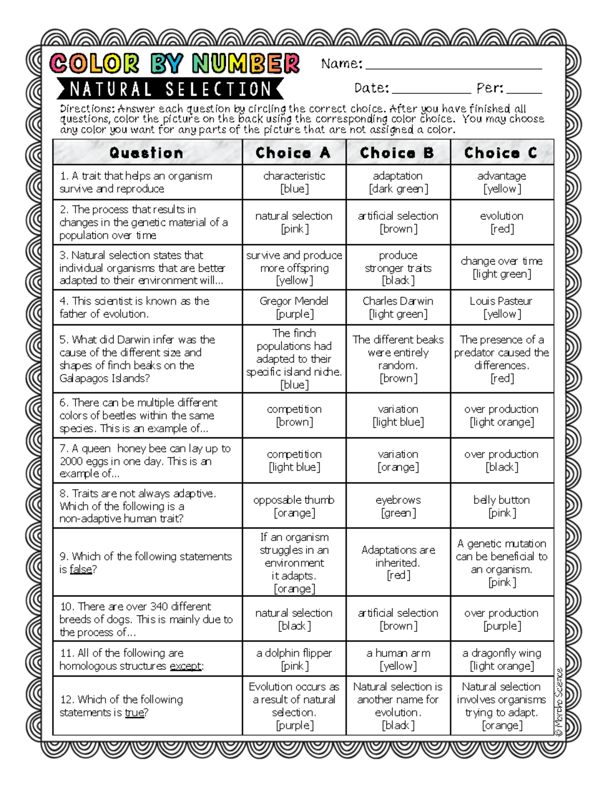 Natural Selection Color By Number Science Color By Number - Q u e s t i ...