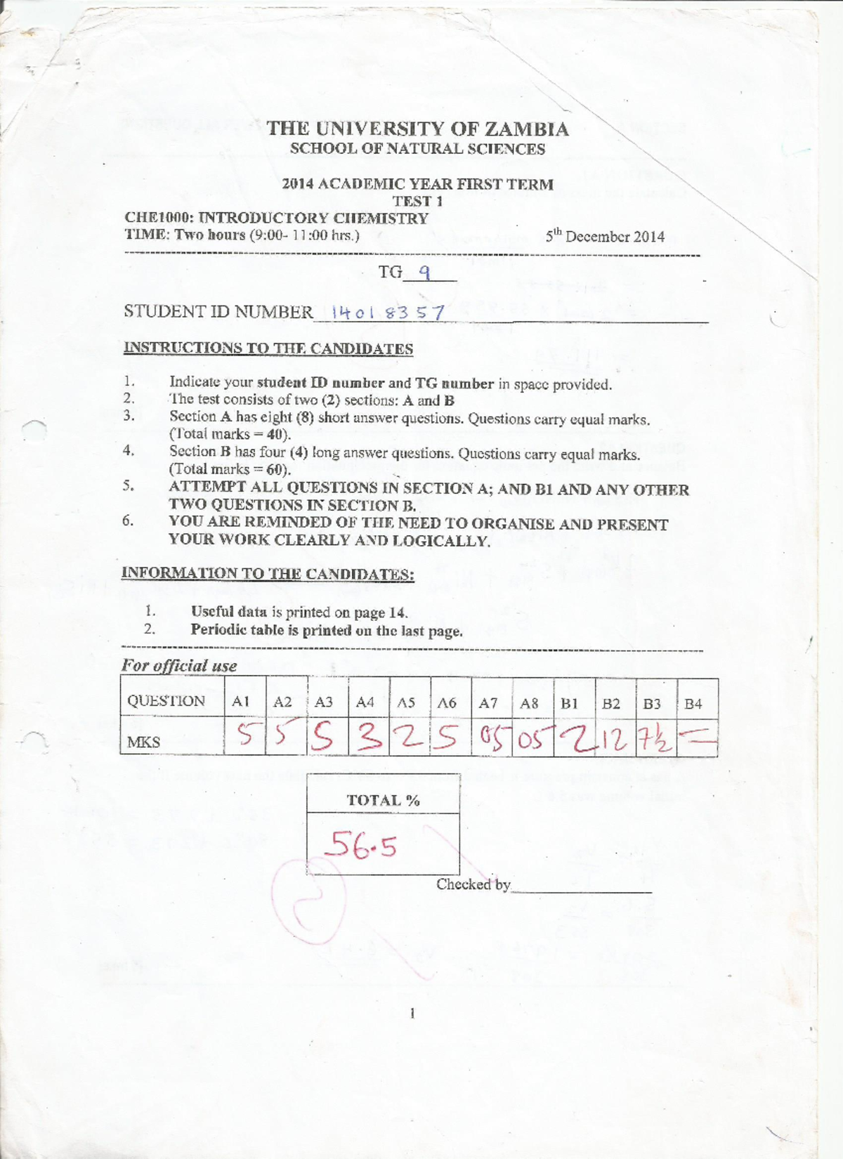 2014 CHE1000 First TERM TEST 1 - Introductory chemistry - Studocu