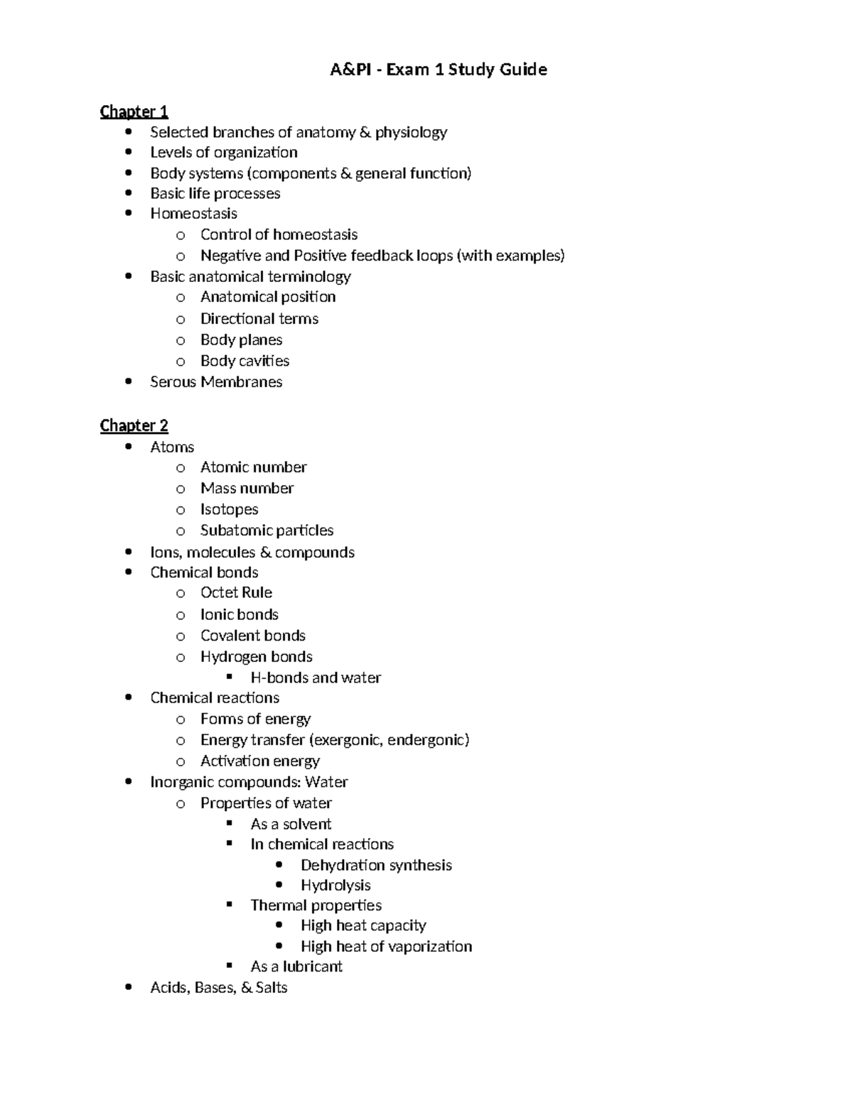 Study Guide Exam 1 - A&P: Anatomy & Physiology Overview - Studocu
