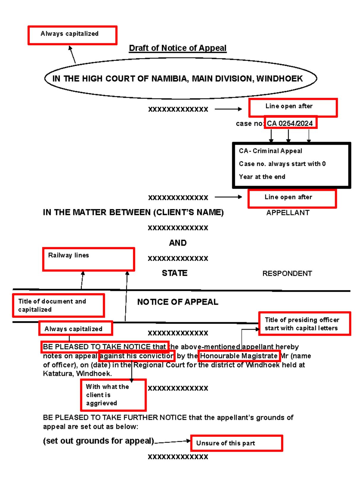 Notice of Appeal CA 0254 - High Court of Namibia Draft Template - Studocu