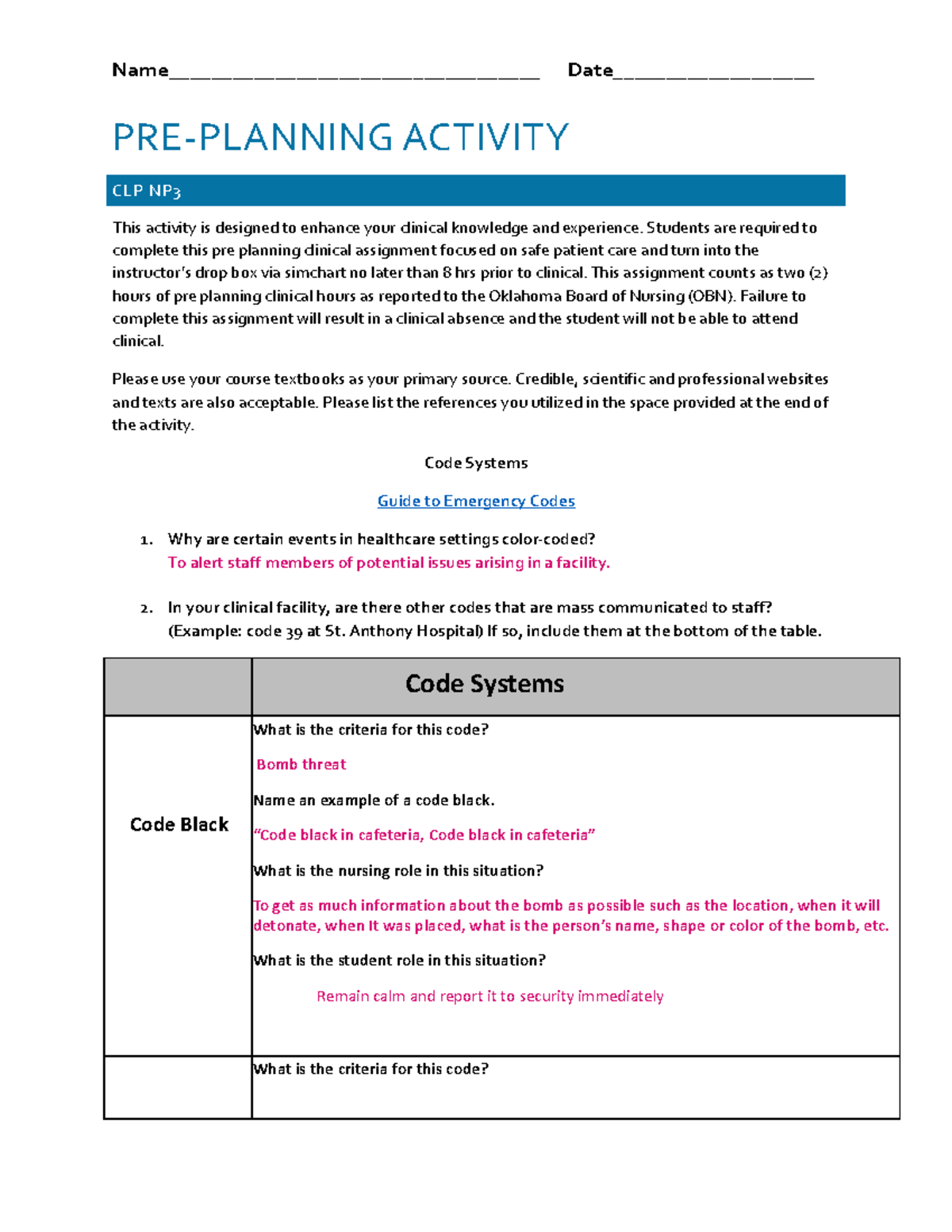 Pre-Planning Activity: NP3 Code Systems for Safe Patient Care - Studocu
