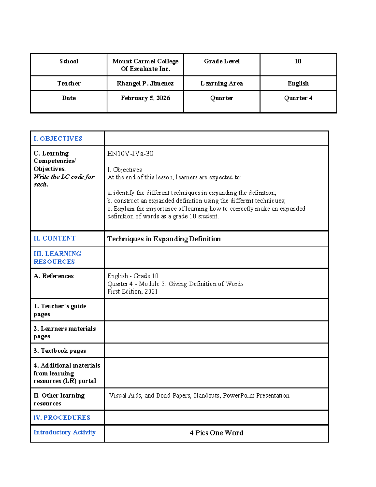 Expanding Definitions of Words - LP 093803 Lesson Plan - Studocu