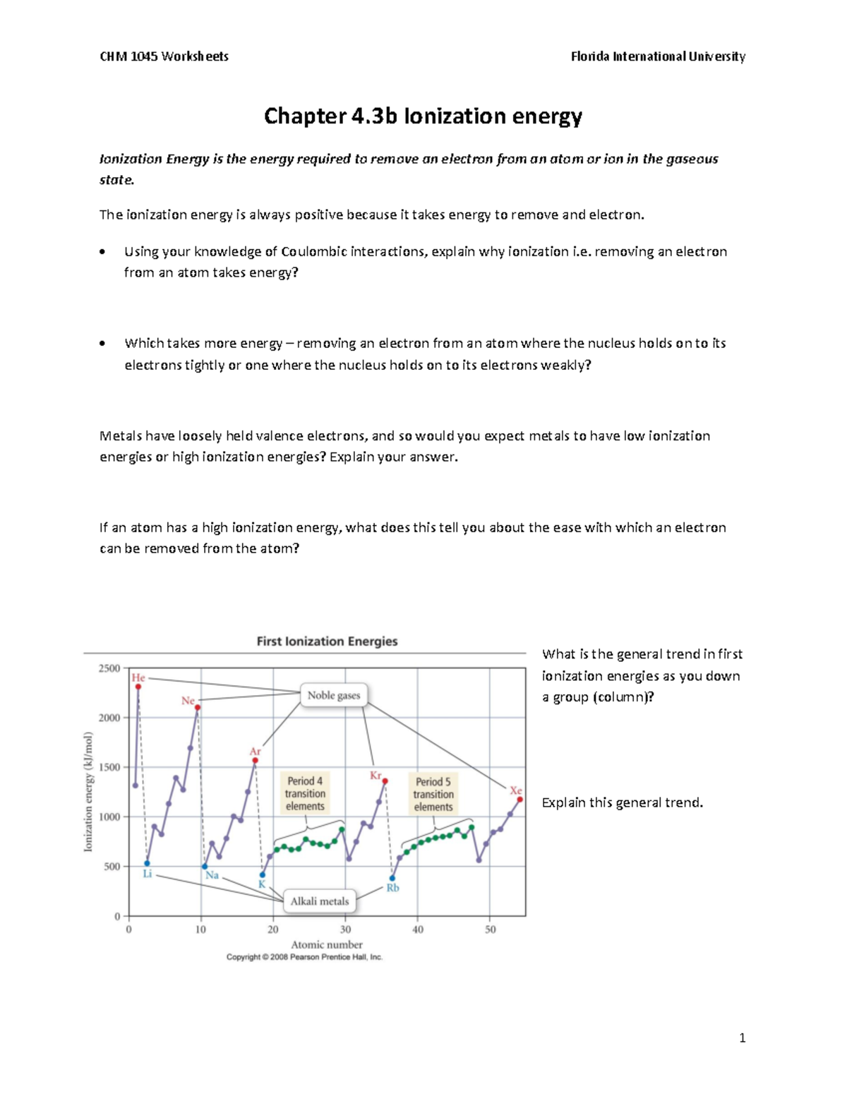 CHM 1045 Worksheet 4.3b: Understanding Ionization Energy Concepts - Studocu