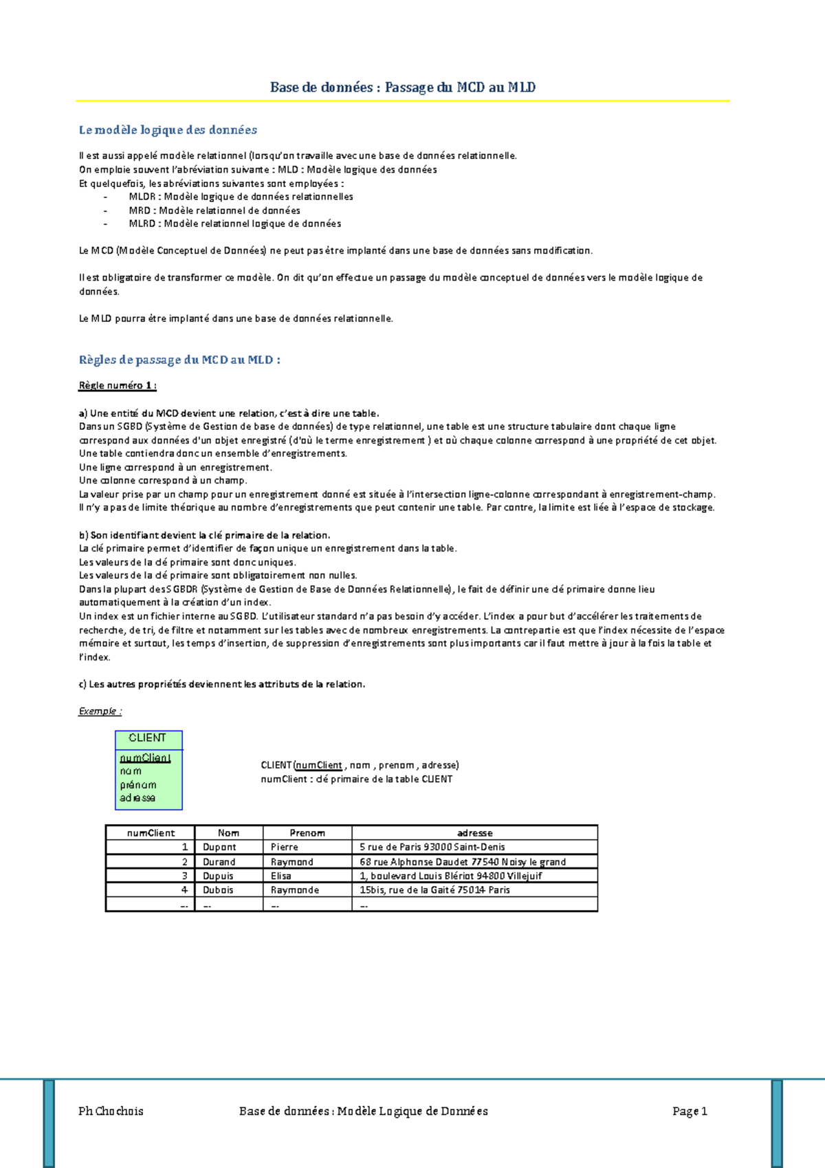 MLD - Transition du MCD au Modèle Logique des Données SQL - Studocu