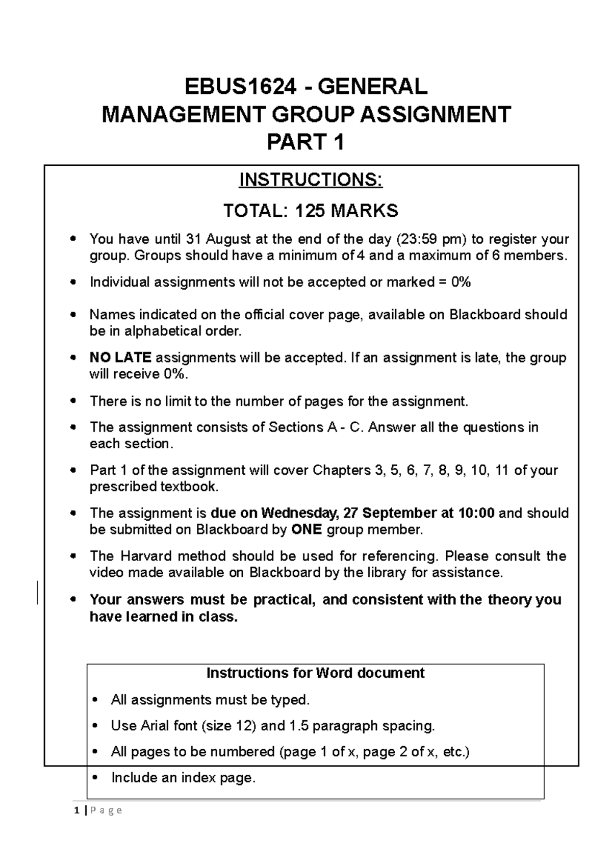 Group Assignment EBUS 1624 - General Management Final Part 1 Guidelines - Studocu