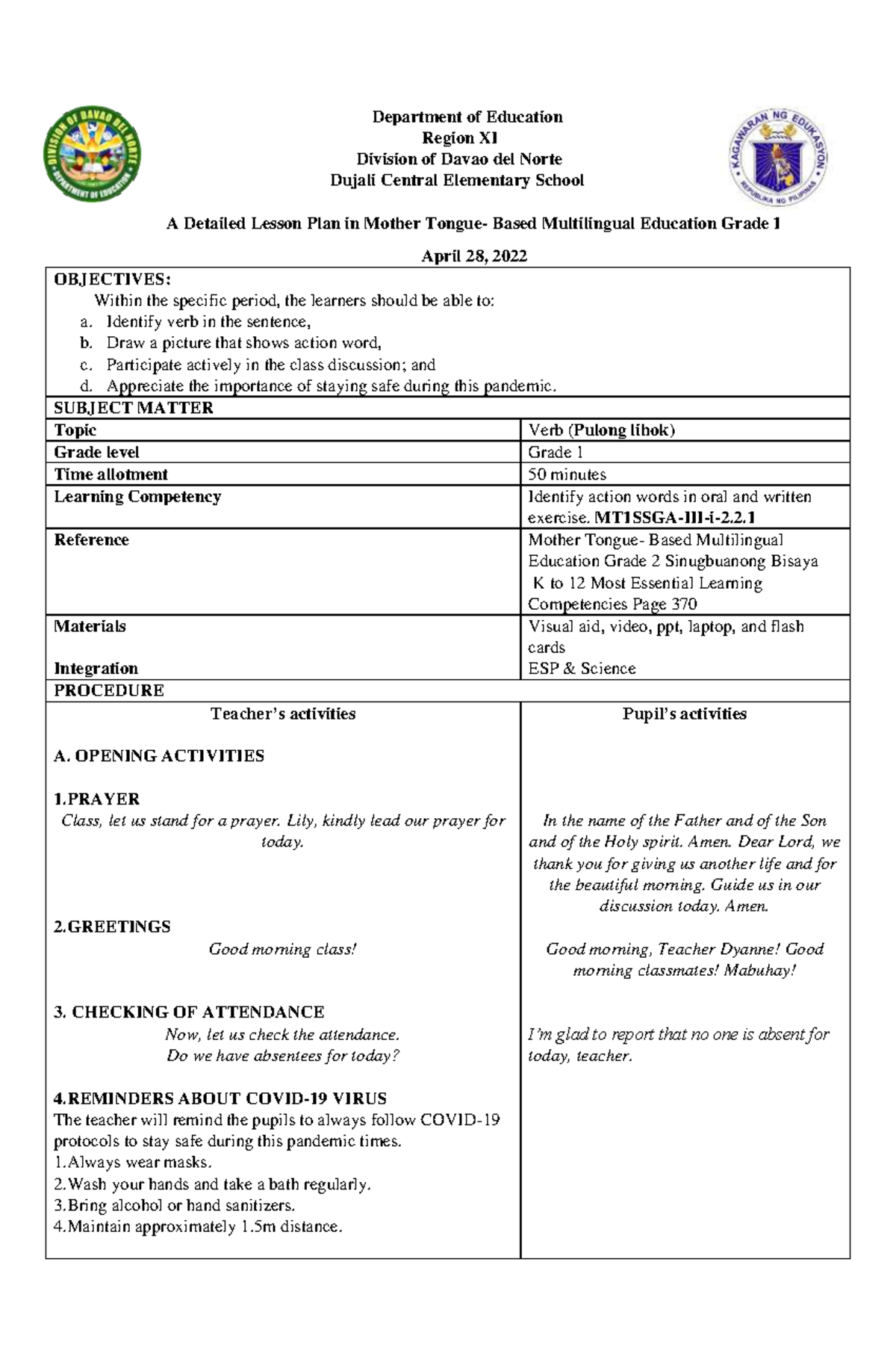Detailed Lesson Plan: MTB-MLE Grade 1 - Focus on Verbs - Studocu