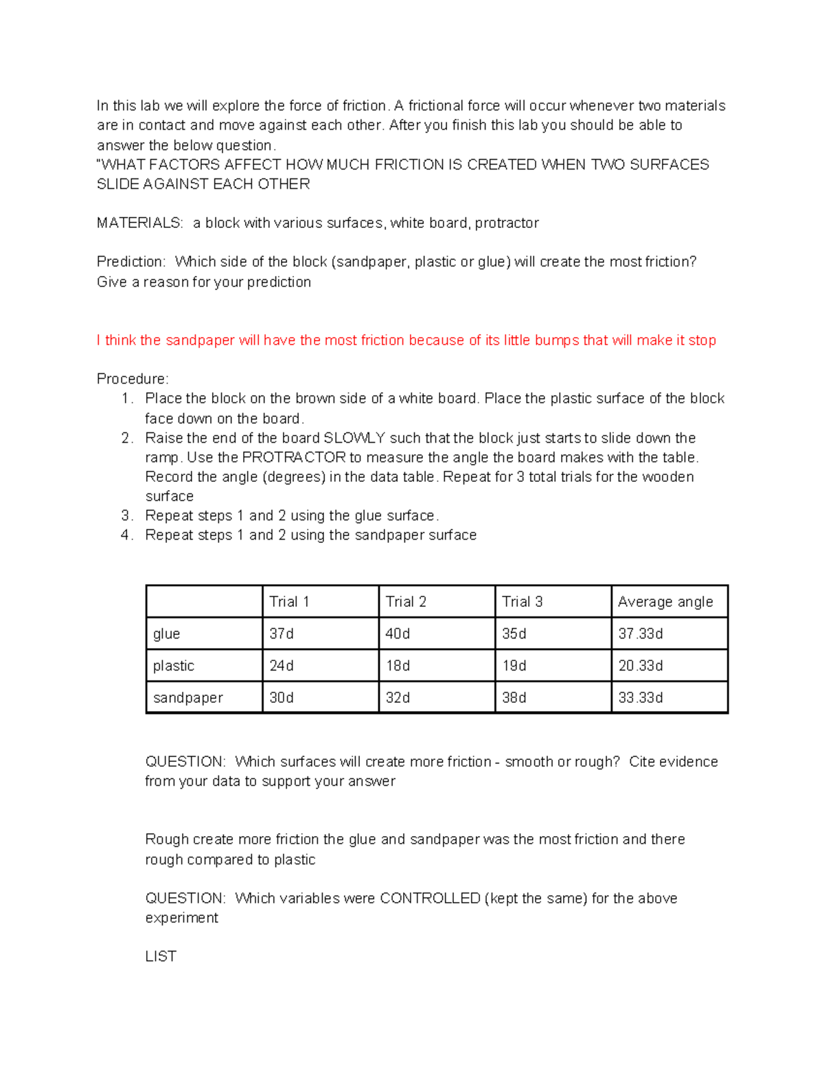 Nevaeh Haagen - STEM physics Friction lab 1 - In this lab we will ...