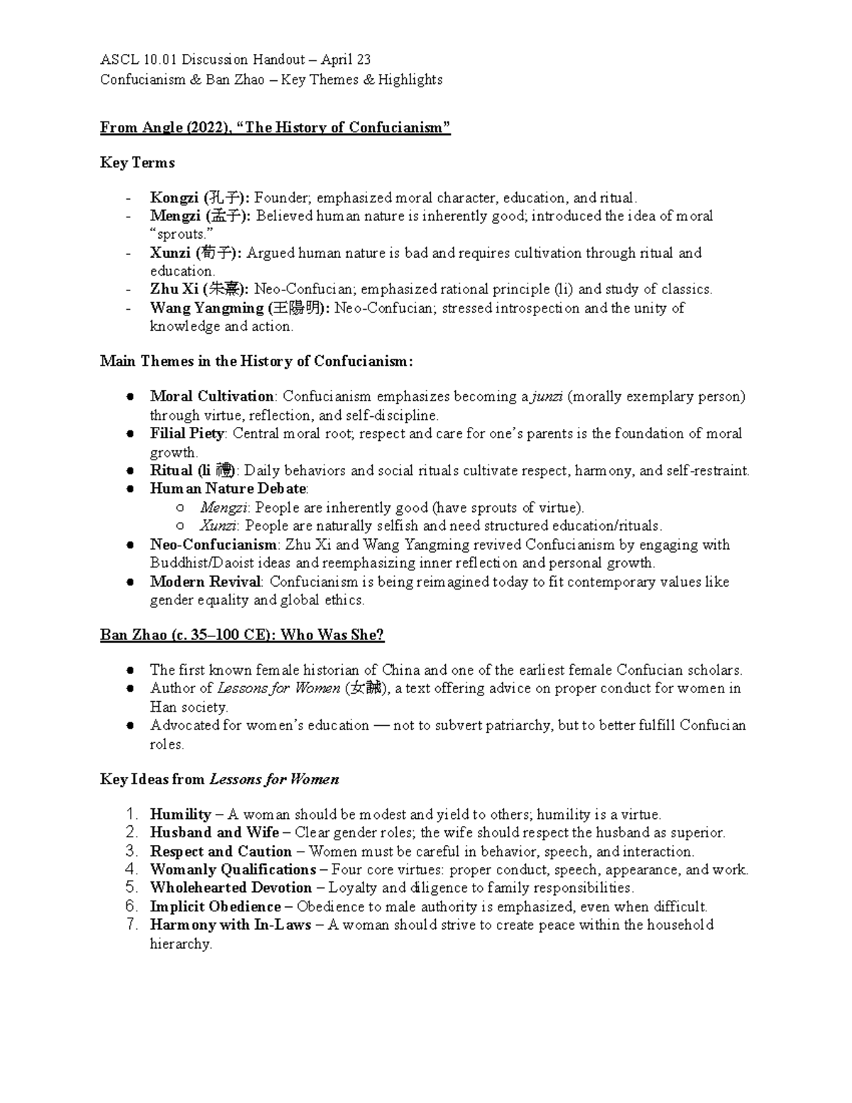 ASCL 10.01 Discussion Handout: Key Themes in Confucianism & Ban Zhao ...