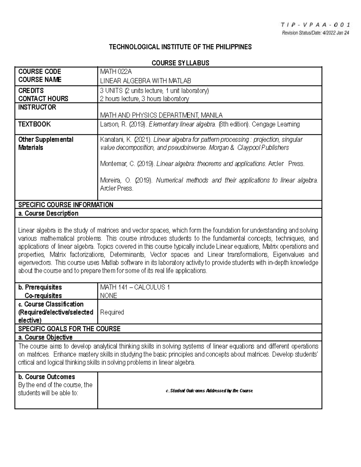 MATH 022A Linear Algebra with MATLAB Course Syllabus - Studocu