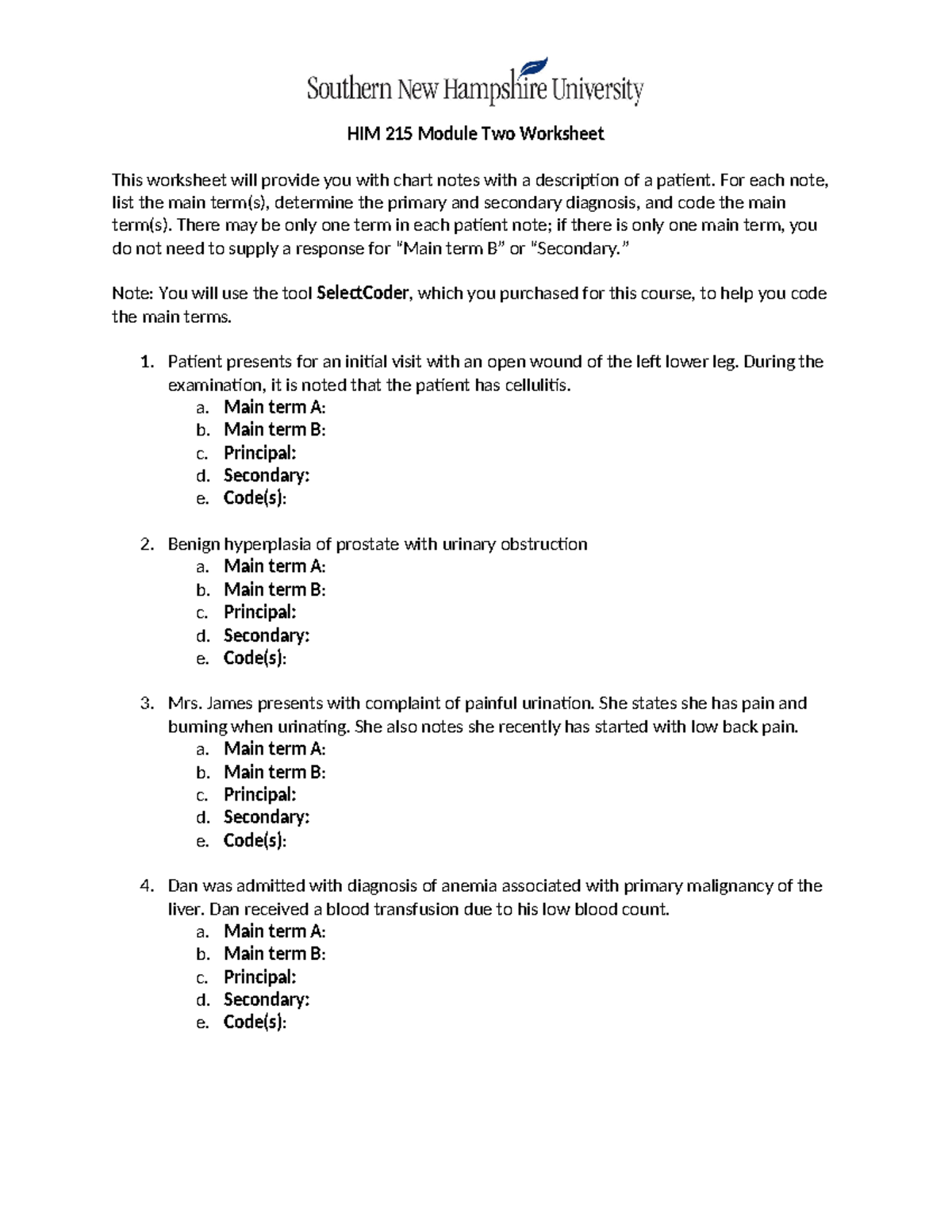 HIM 215 Module Two Patient Coding Worksheet and Chart Notes - Studocu