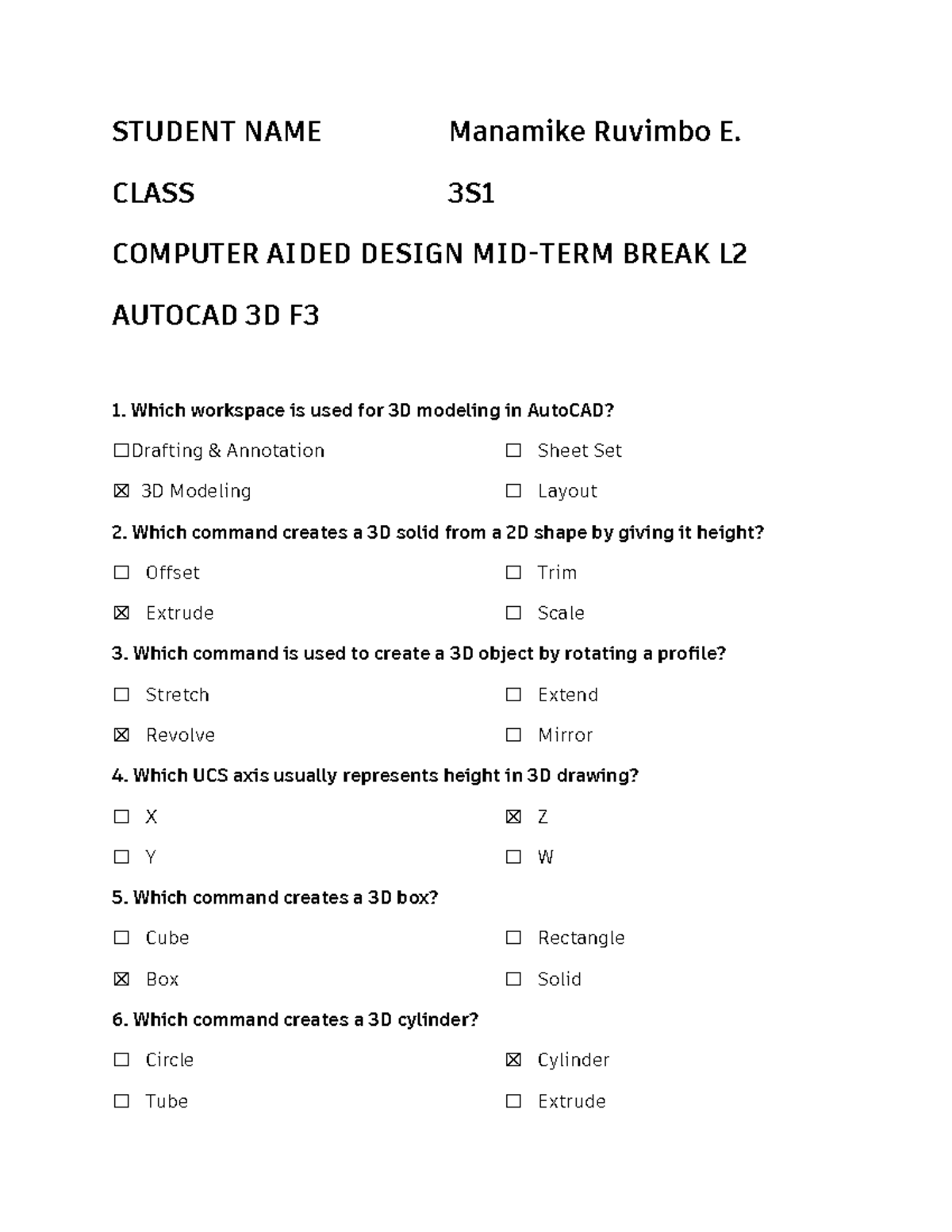 HW CAD 3S1 AutoCAD 3D Modeling Quiz Questions and Answers - Studocu