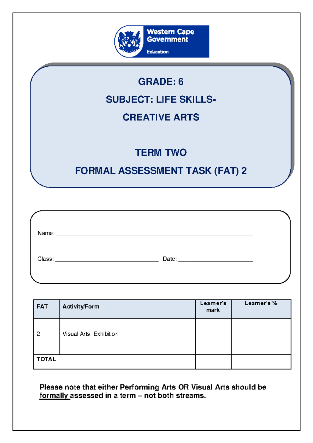 Gr 6 FAT LS Creative Arts: Visual Arts Term 2 Assessment Guide - Studocu