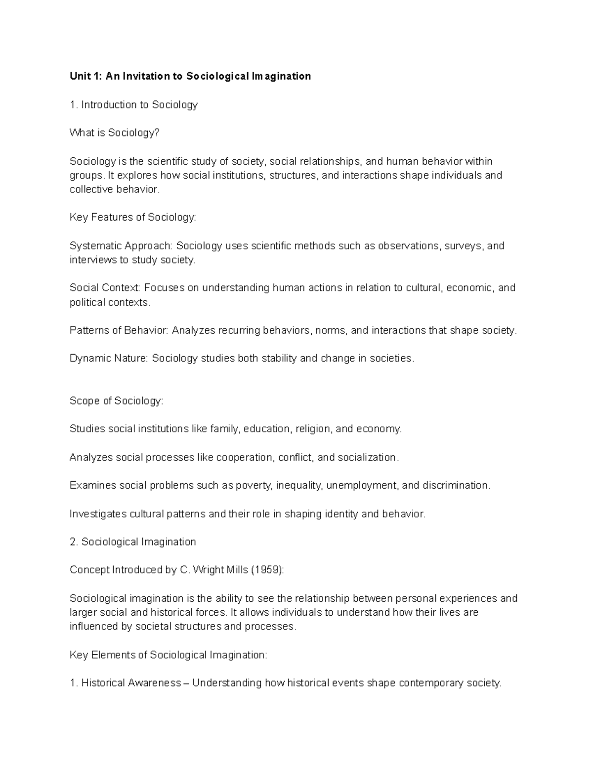 Unit 1: Introduction to Sociology and Sociological Imagination Notes ...