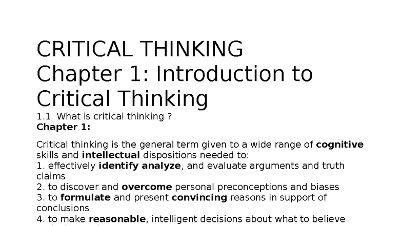 CRITICAL THINKING (CT101) Chapter 1: Intro to Critical Thinking ...