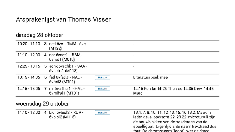 Afsprakenlijst Thomas Visser - Week van 28 oktober 2025 - Studeersnel