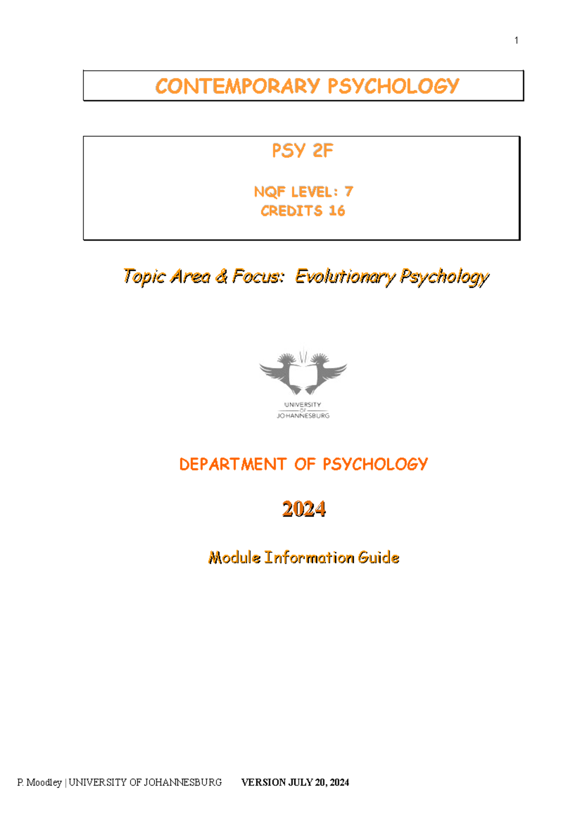Contemporary Psychology 2F Module Guide - Evolutionary Psychology ...